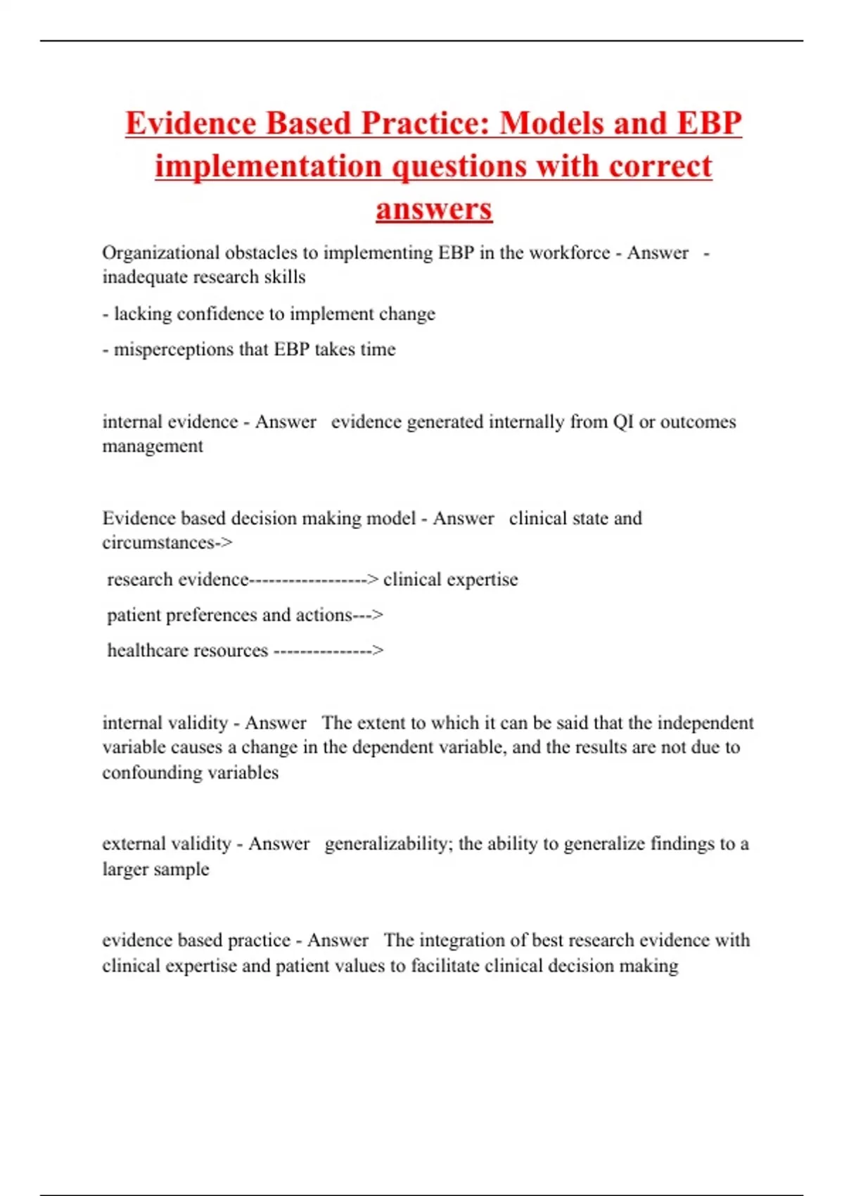 Evidence Based Practice: Models and EBP implementation questions with correct answers - EBP ...