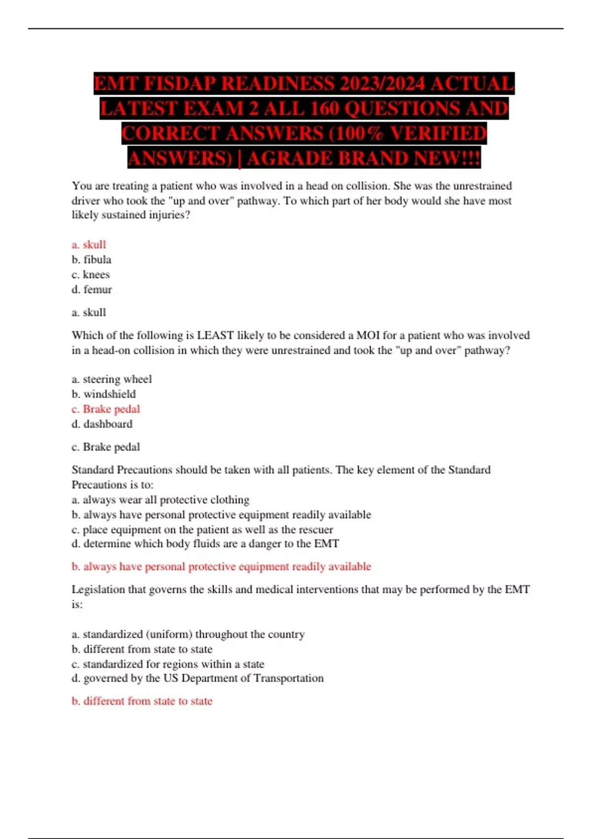 EMT FISDAP READINESS 2023/2024 ACTUAL LATEST EXAM 2 ALL 160 QUESTIONS ...