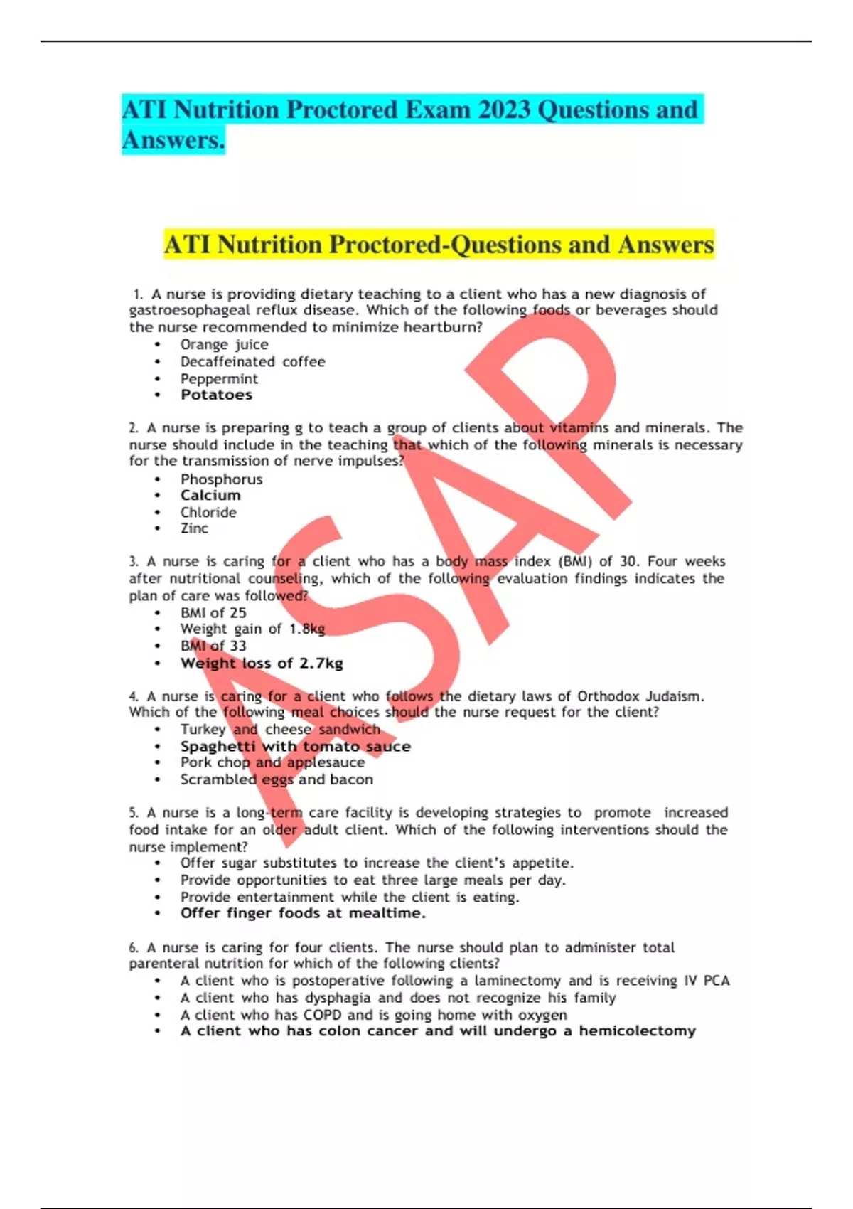 ATI Nutrition Proctored Exam 2023 Questions and Answers. - ATI ...