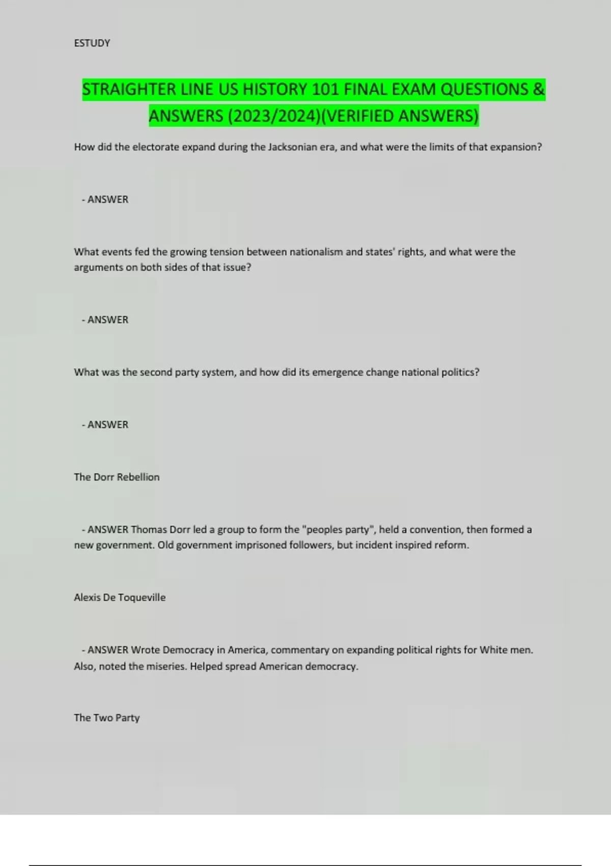 STRAIGHTER LINE US HISTORY 101 FINAL EXAM QUESTIONS & ANSWERS (2023/ ...