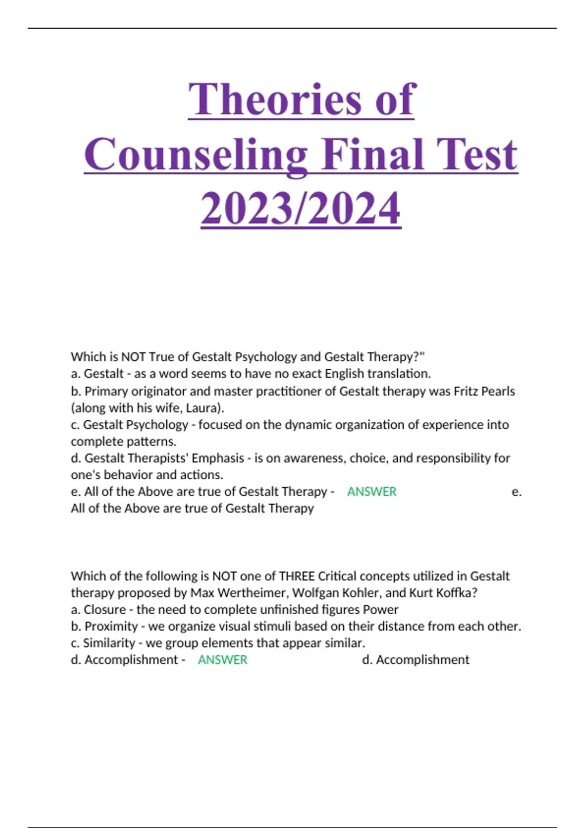 Theories of Counseling Final Test 2023/2024 - Theories of Counseling ...