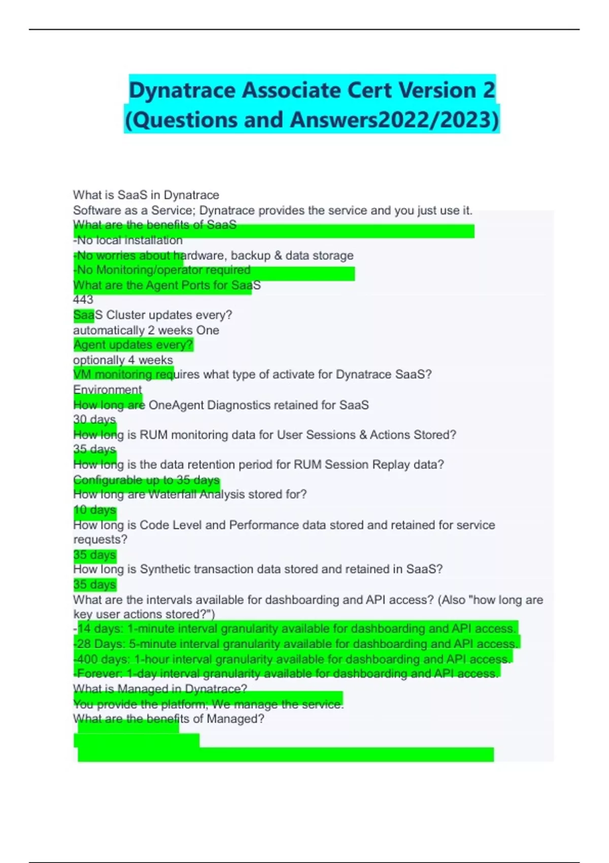 Dynatrace Associate Cert Version 2 (Questions and Answers) - Nursing pharmacology - Stuvia US