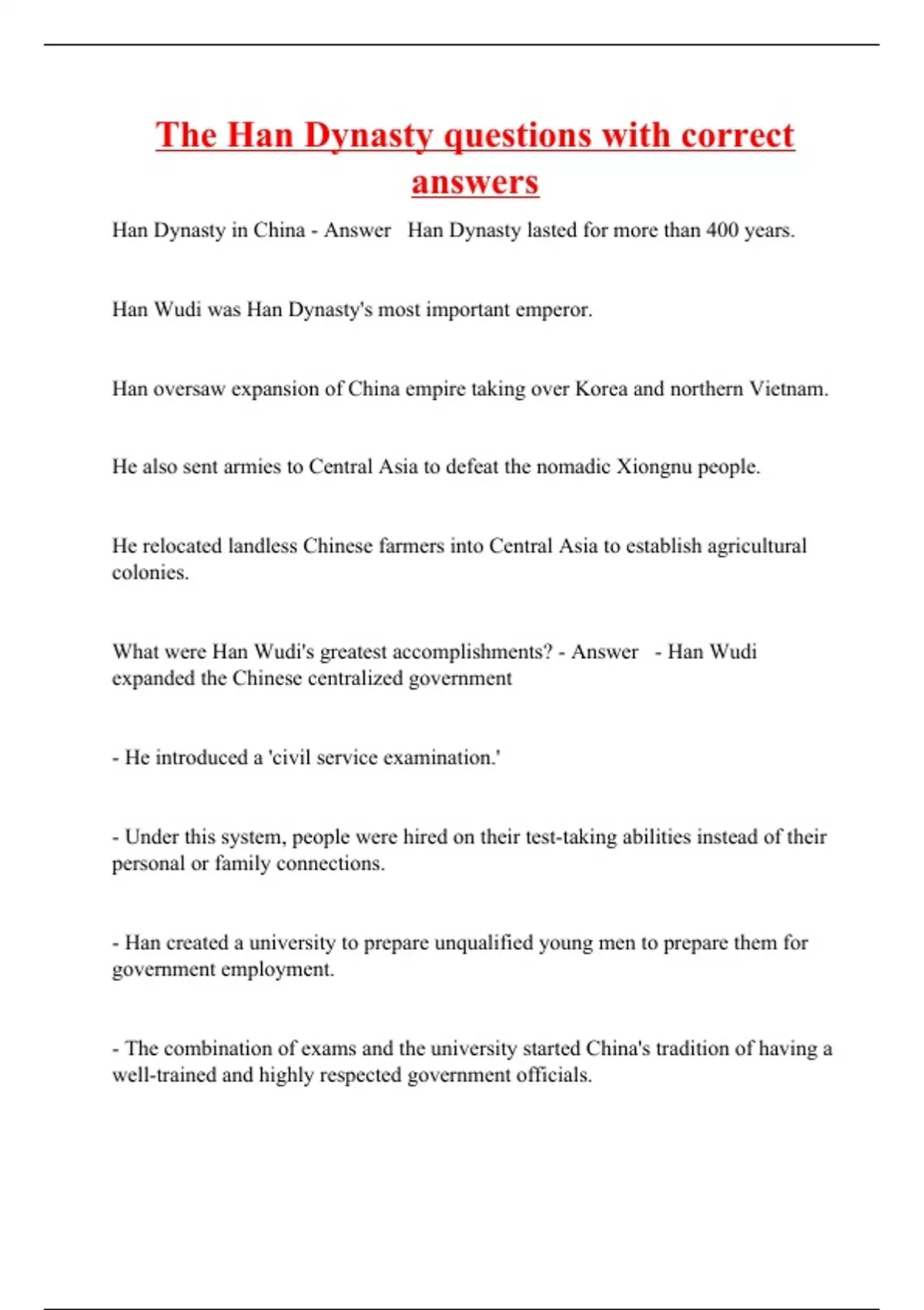 The Han Dynasty questions with correct answers - The Han Dynasty ...