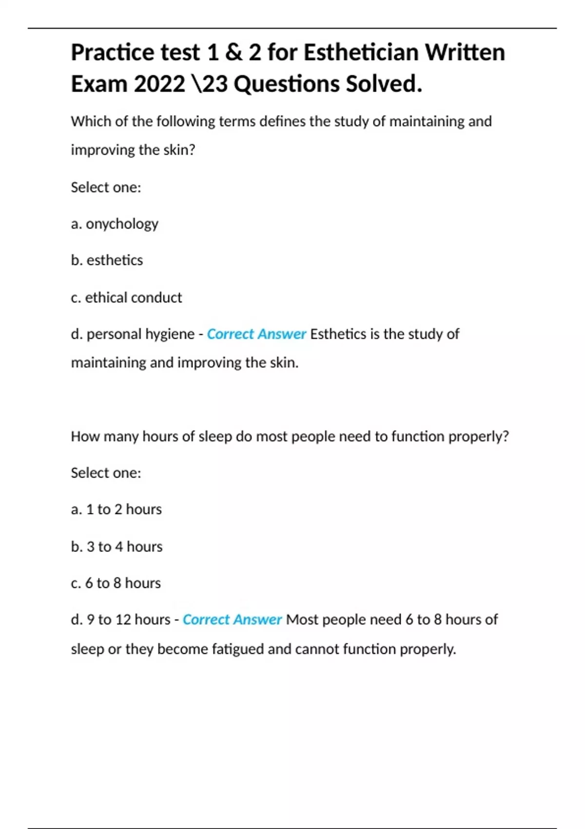 Practice test 1 & 2 for Esthetician Written Exam 2022 23 Questions ...