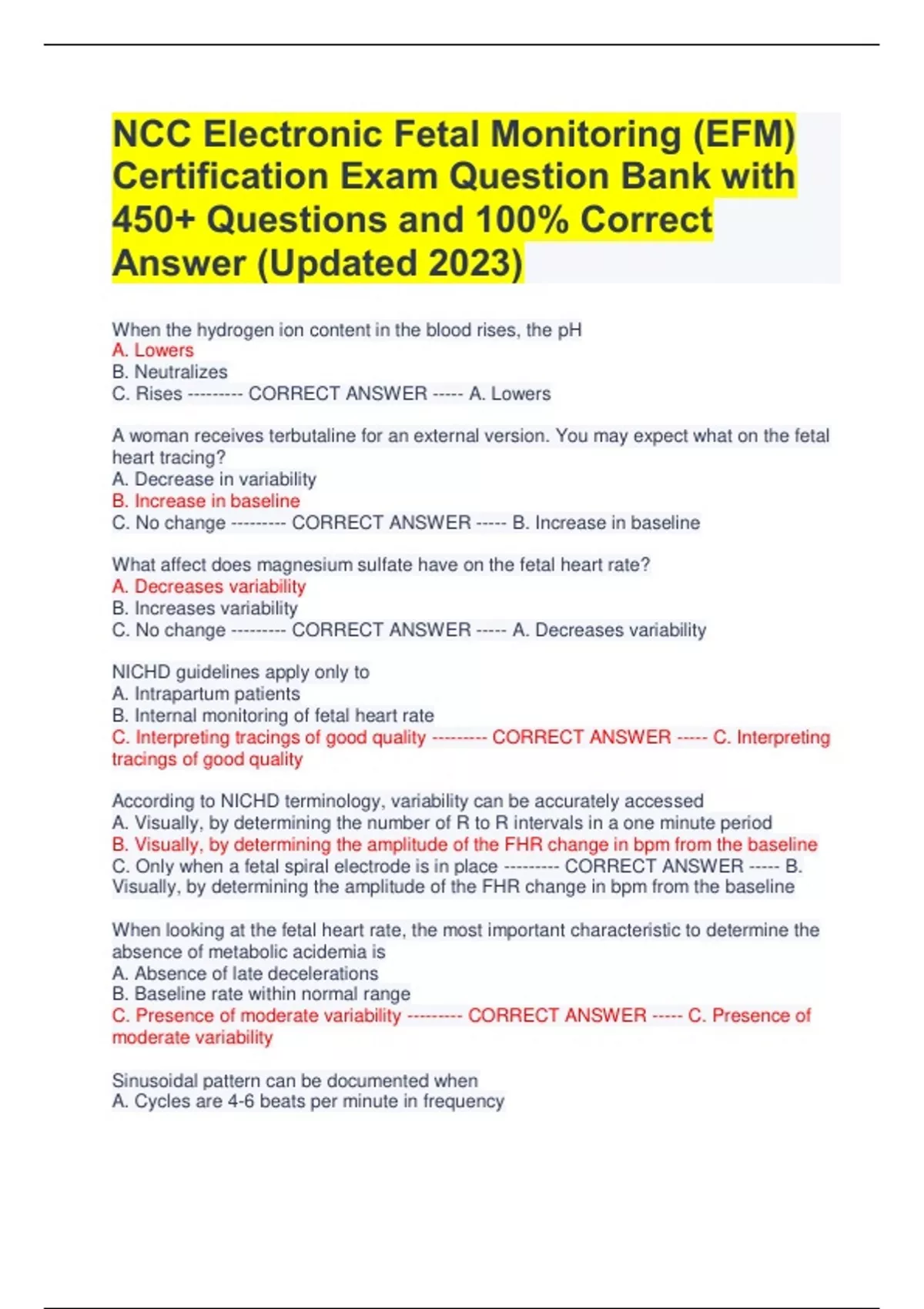 NCC Electronic Fetal Monitoring (EFM) Certification Exam Question Bank with 450+ Questions and ...