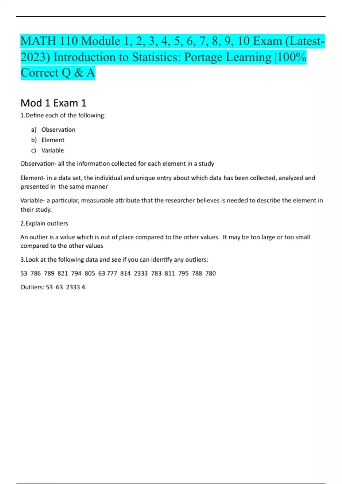 Math 110 Module 1 2 3 4 5 6 7 8 9 10 Exam Latest 2023 Introduction To Statistics