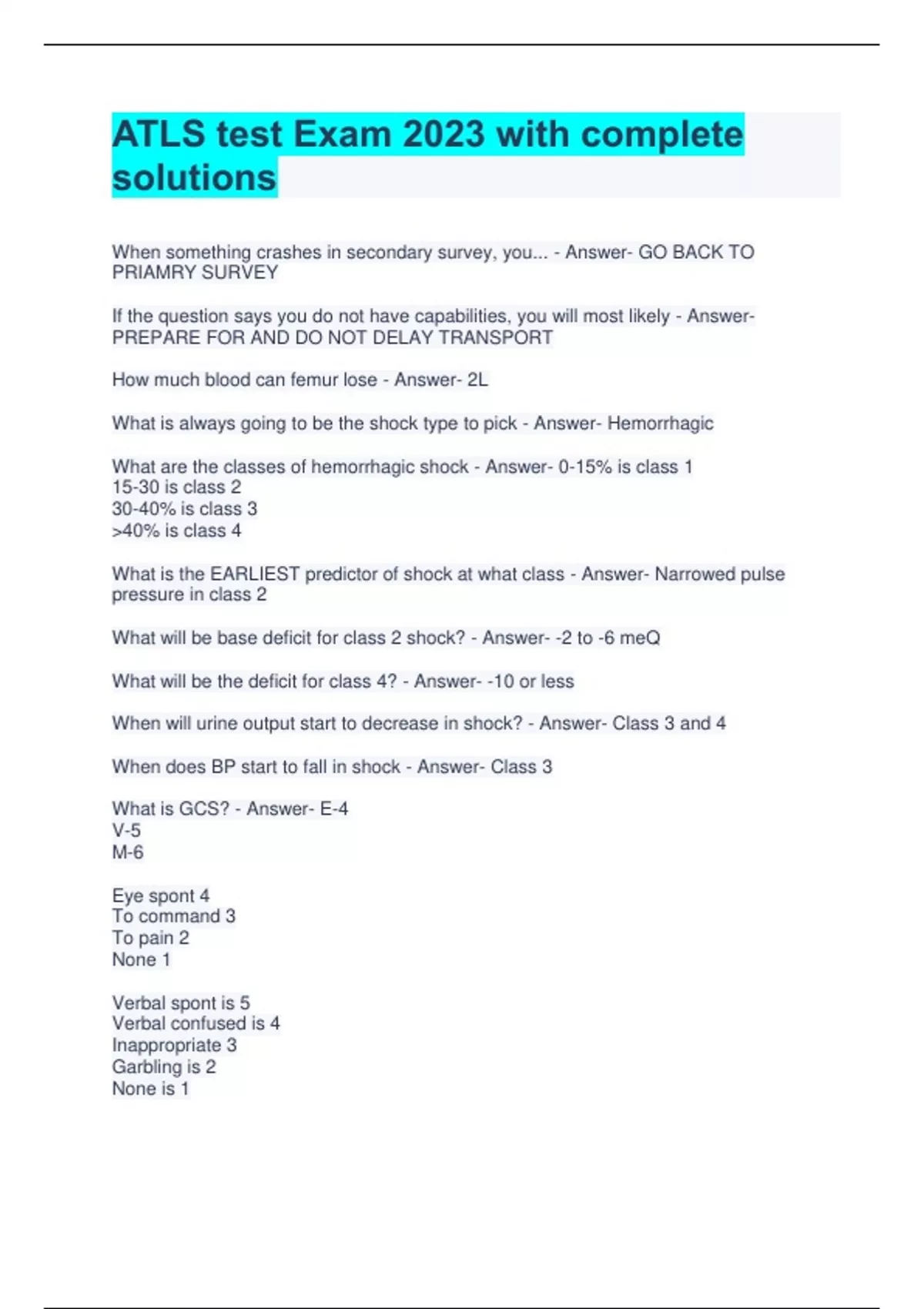 ATLS test Exam 2023 with complete solutions - ATLS - Stuvia US