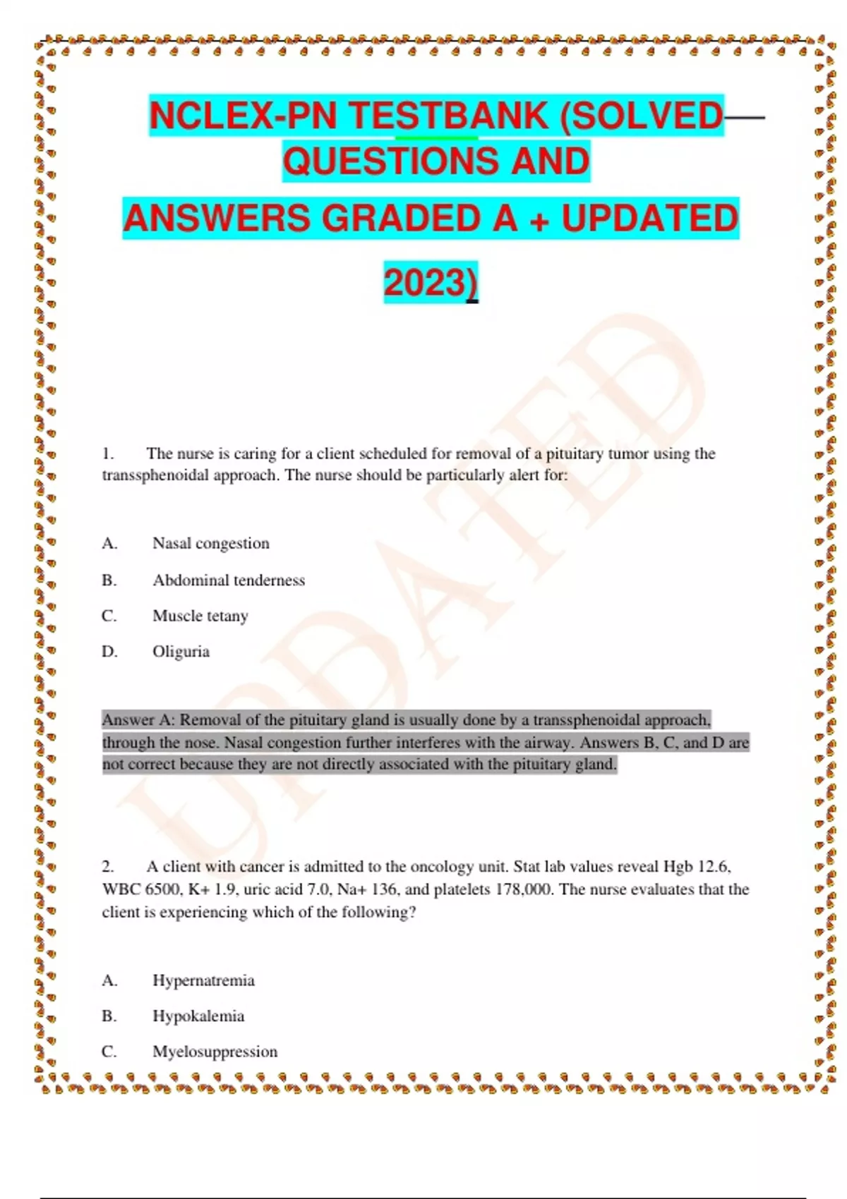 NCLEX-PN TESTBANK (SOLVED QUESTIONS AND ANSWERS GRADED A + UPDATED 2023 ...