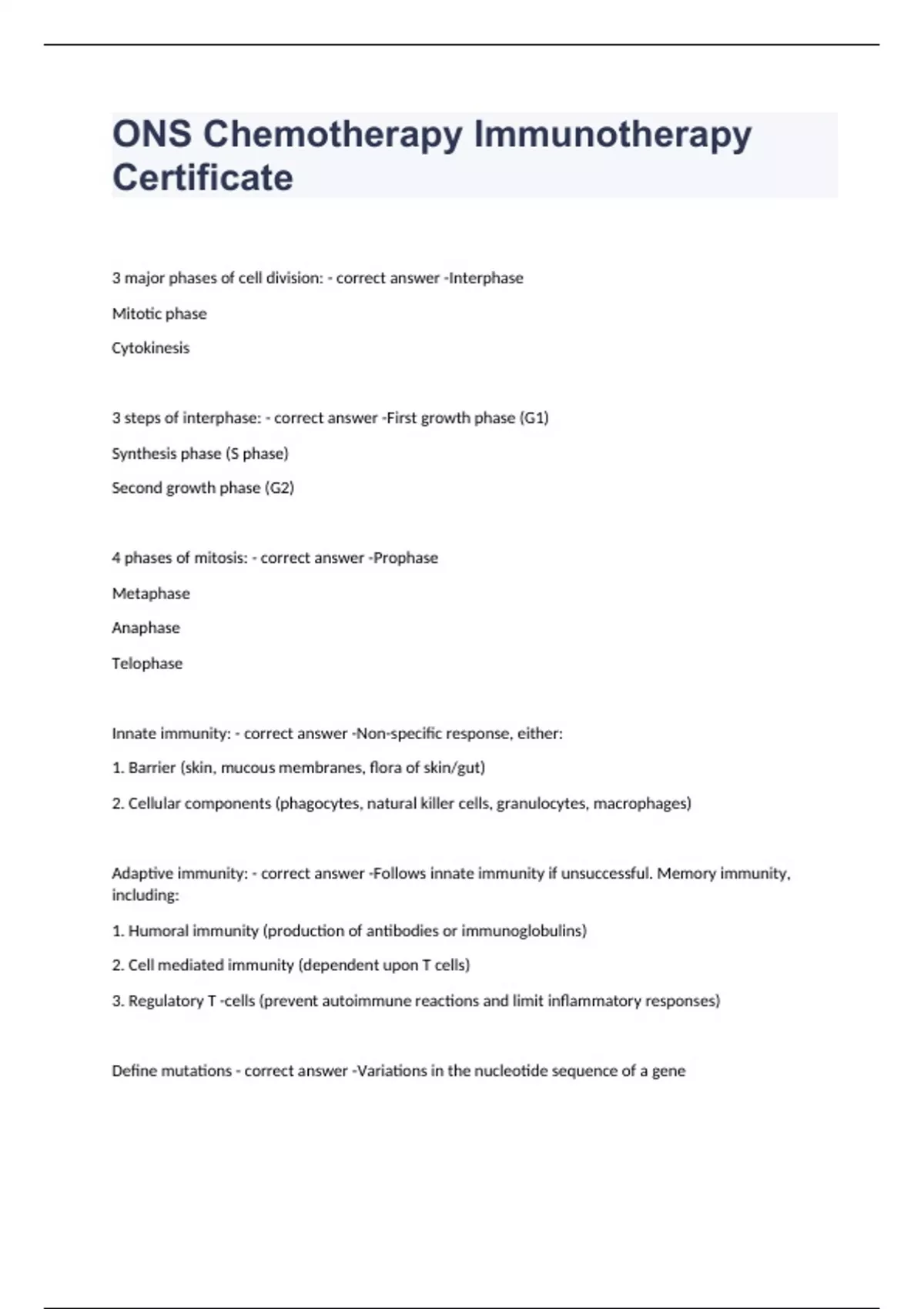 ONS Chemotherapy Immunotherapy Certificate exam 2023 with 100% correct ...