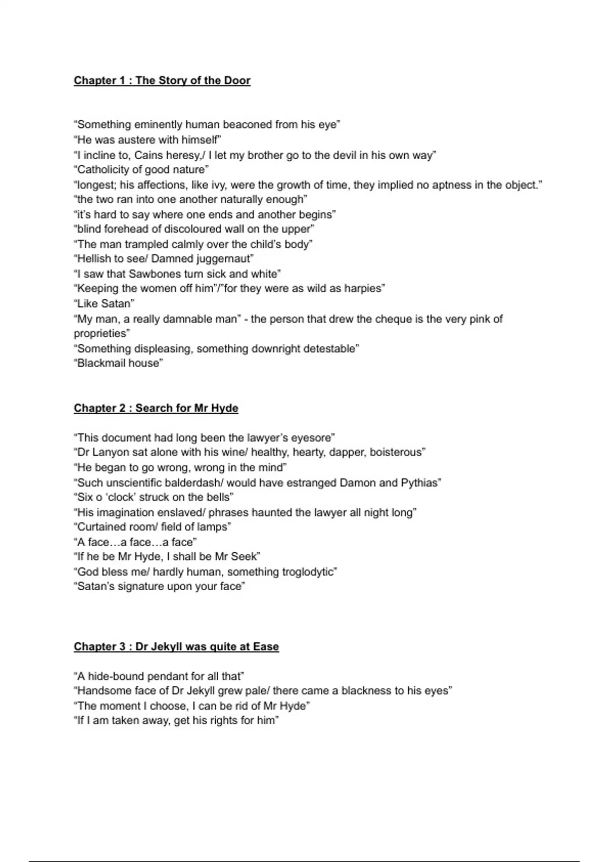 Dr Jekyll and Mr Hyde Quote Bank by Chapter : GCSE English - English ...