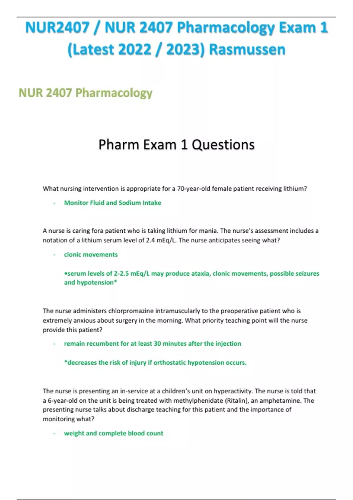NUR2407 / NUR 2407 Pharmacology Exam 1 (Latest 2022 / 2023) Rasmussen ...
