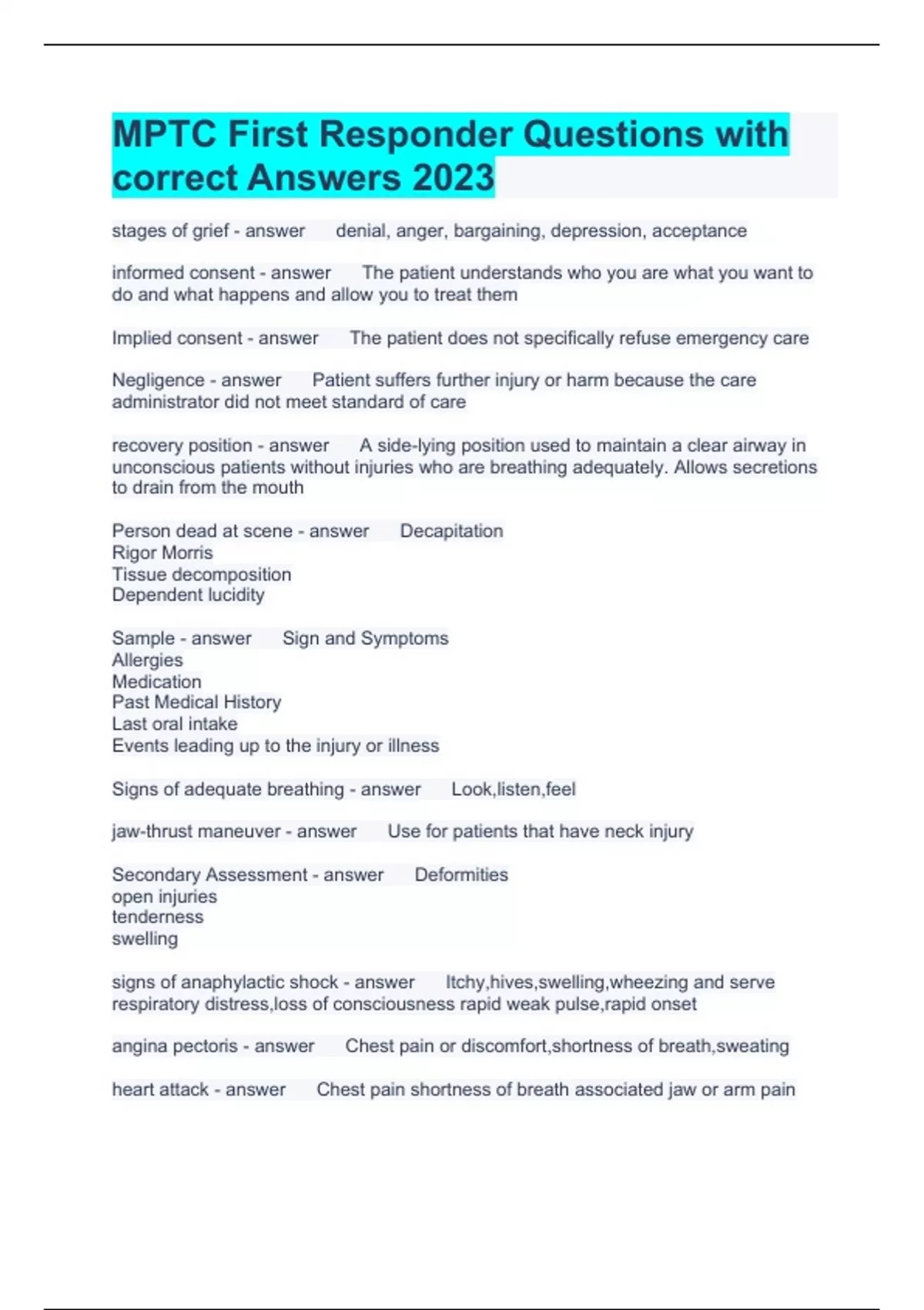 MPTC First Responder Questions with correct Answers 2023 - MPTC - Stuvia US