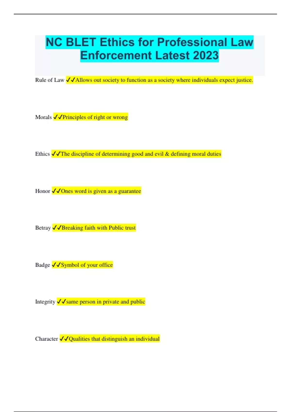 NC BLET Ethics for Professional Law Enforcement Latest 2023 - NC BLET ...