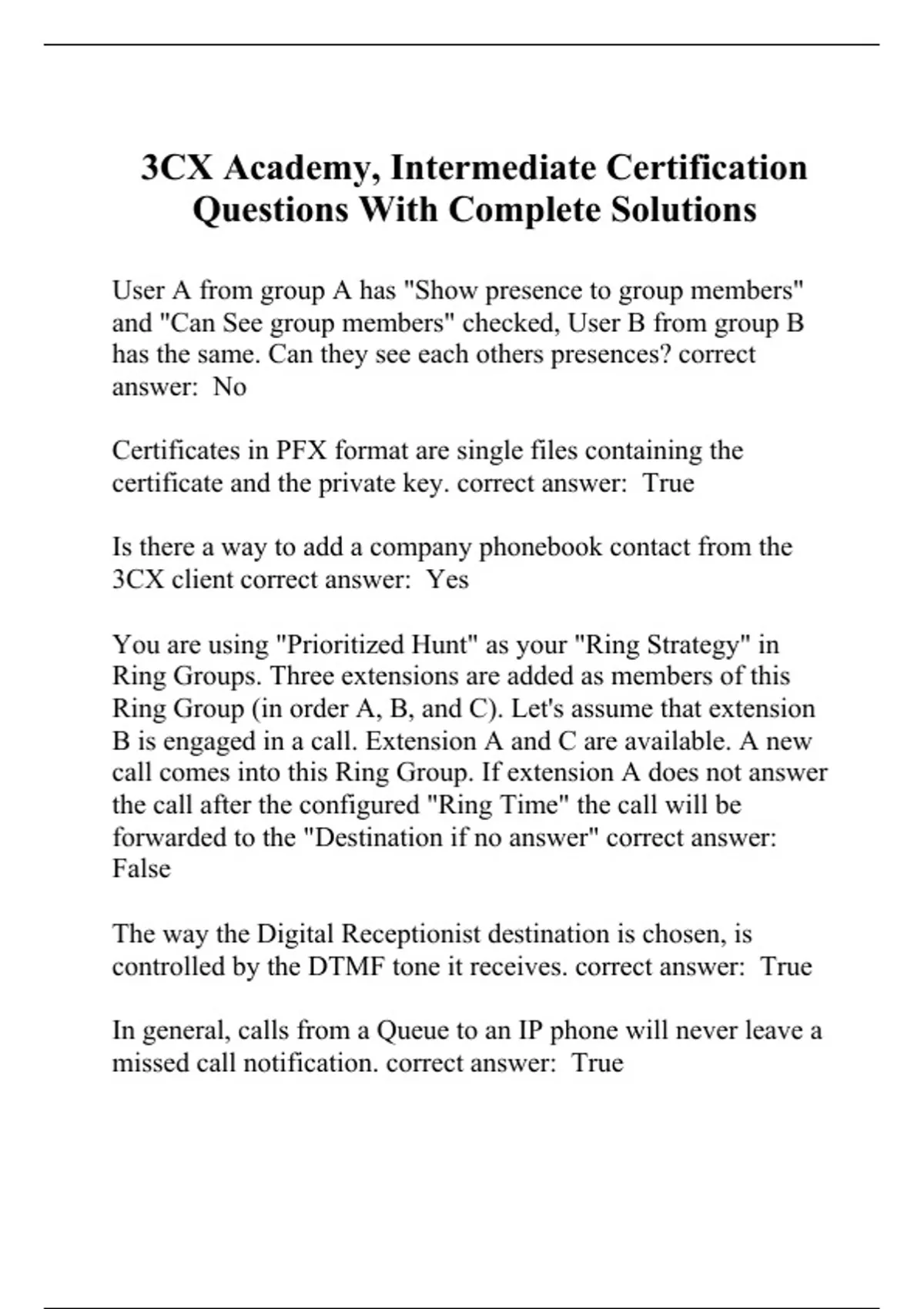 3CX Academy, Intermediate Certification Questions With Complete ...