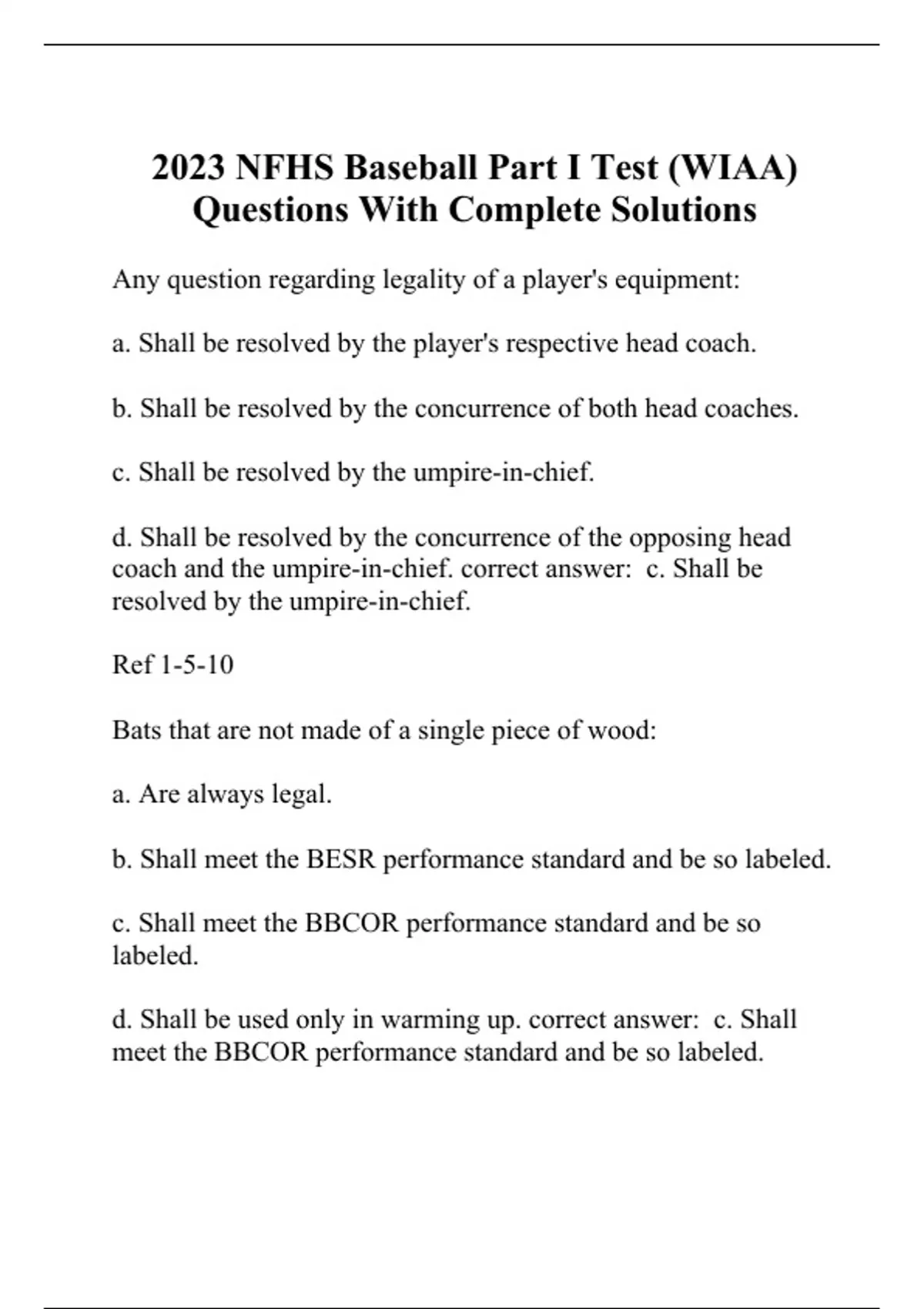 2023 NFHS Baseball Part I Test (WIAA) Questions With Complete Solutions ...