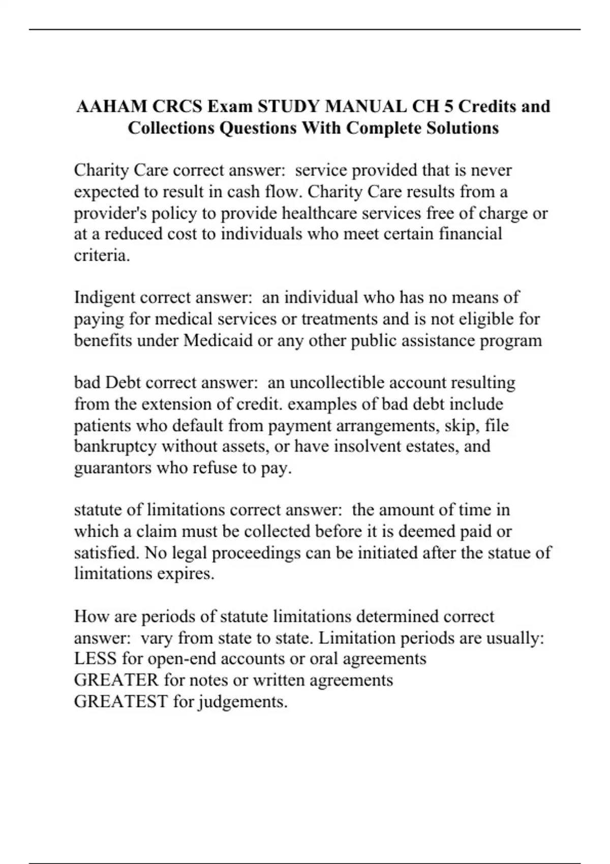 AAHAM CRCS Exam STUDY MANUAL CH 5 Credits and Collections Questions ...