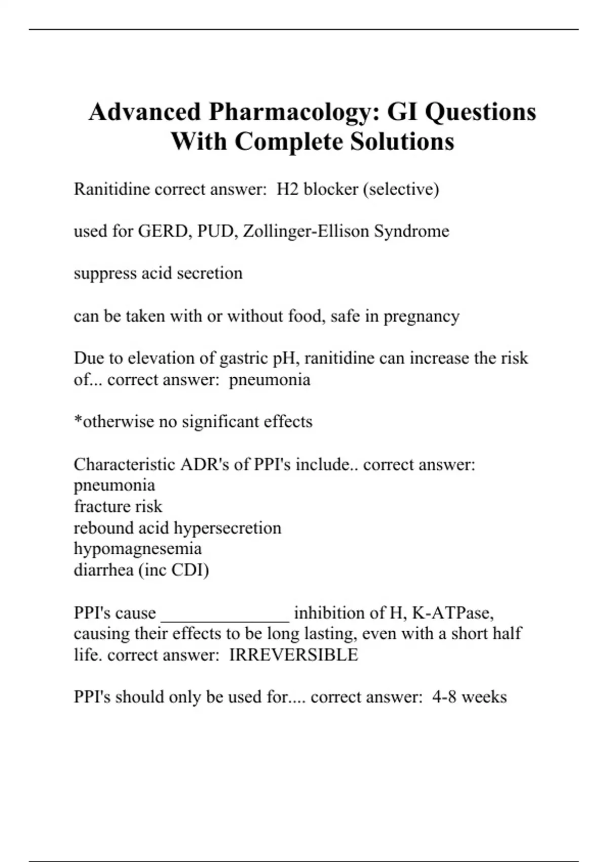 Advanced Pharmacology: GI Questions With Complete Solutions - Advanced ...