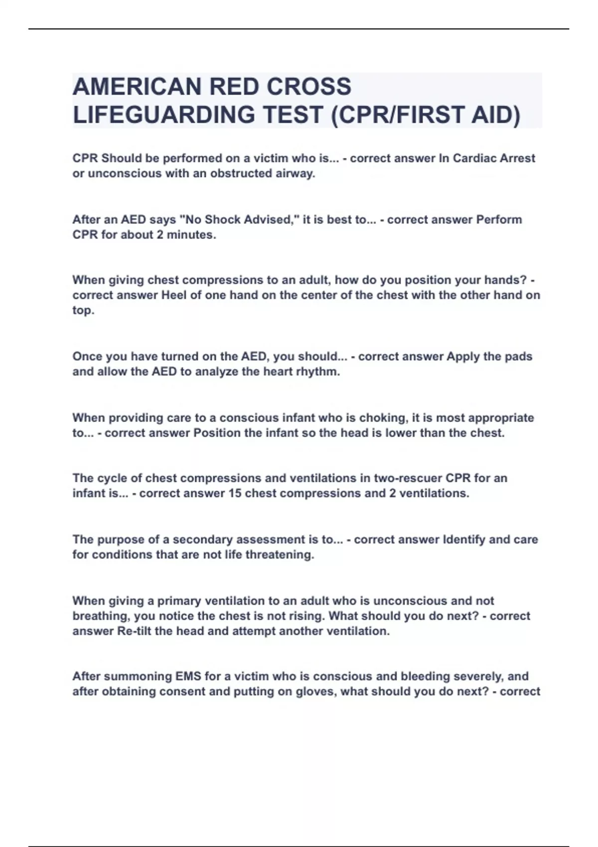 AMERICAN RED CROSS LIFEGUARDING TEST (CPR/FIRST AID)|UPDATED&VERIFIED ...