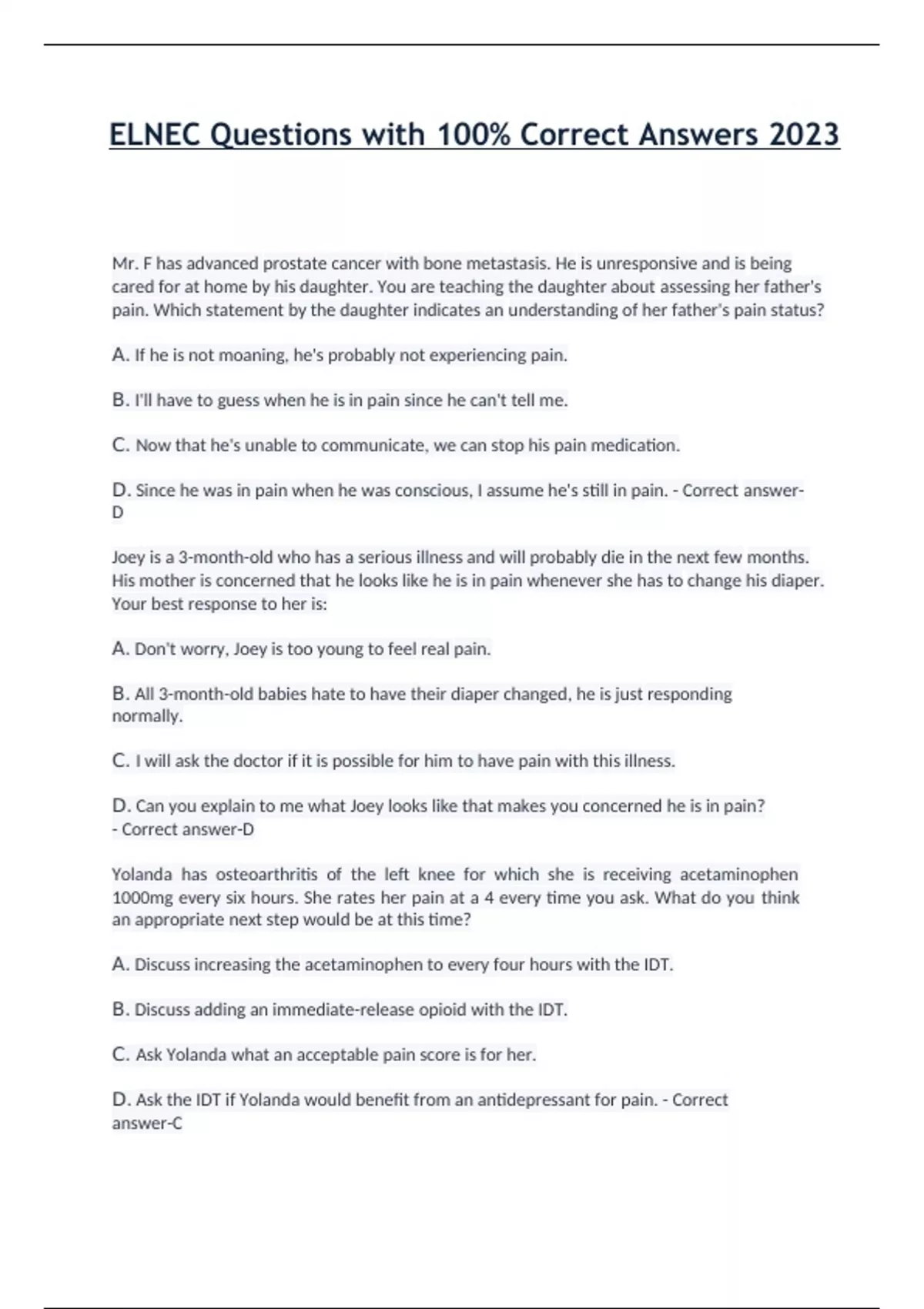 ELNEC Questions with 100% Correct Answers 2023 - ELNEC - Stuvia US