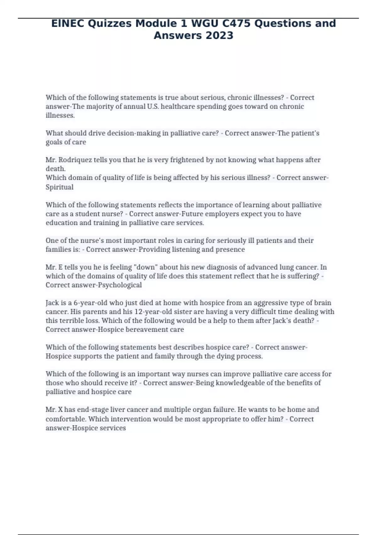 ElNEC Quizzes Module 1 WGU C475 Questions and Answers 2023 - ElNEC - Stuvia US