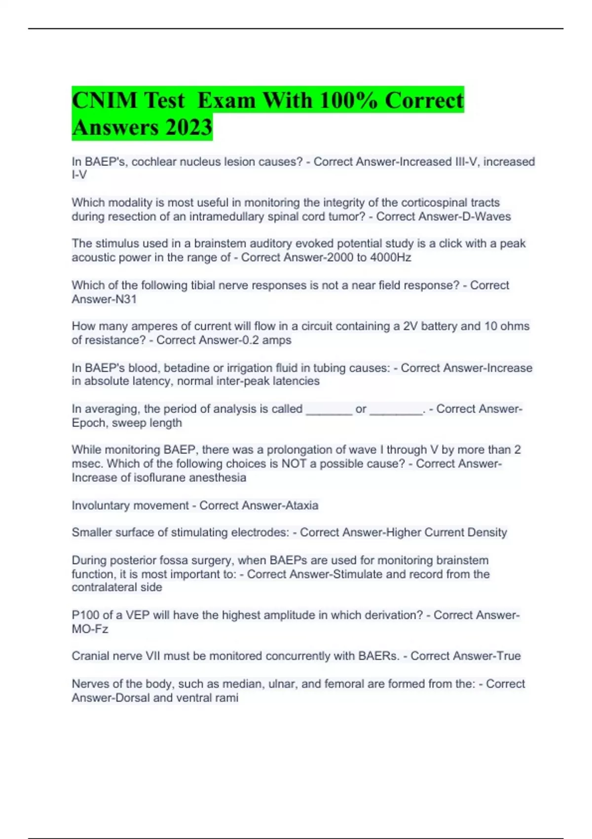 CNIM Test Exam With 100% Correct Answers 2023 - Cnim - Stuvia US