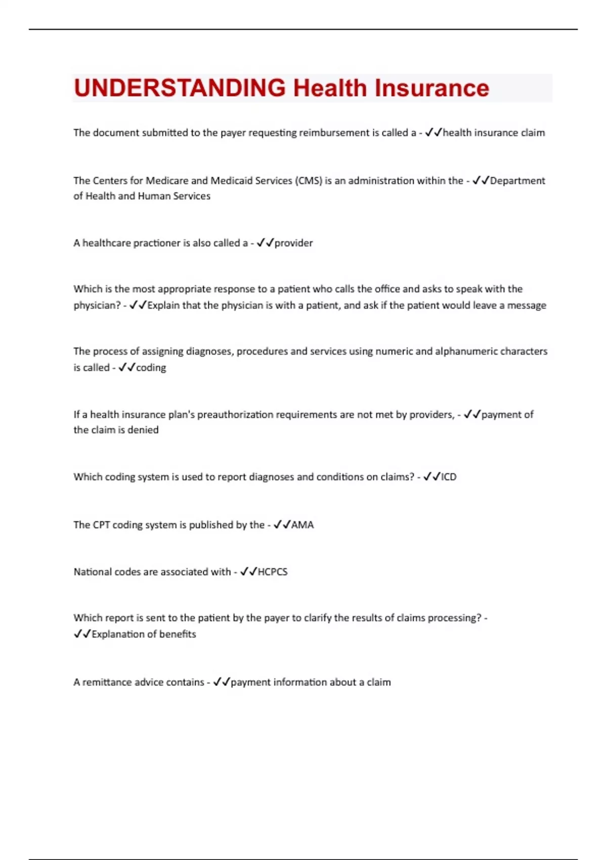 UNDERSTANDING Health Insurance | 50 Questions and Answers(A+ Solution ...