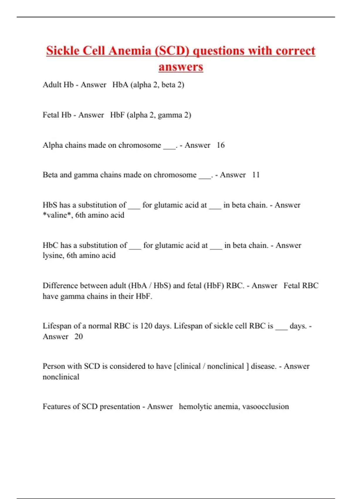 Sickle Cell Anemia (SCD) questions with correct answers - SCD - Stuvia US