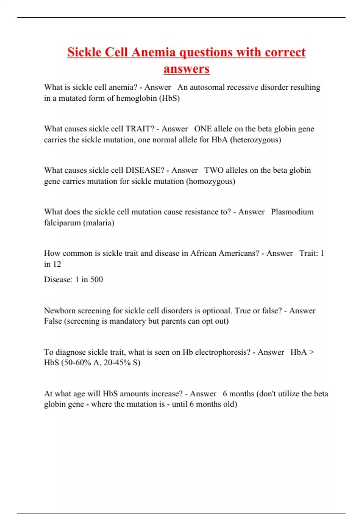 Sickle Cell Anemia questions with correct answers - SCD - Stuvia US