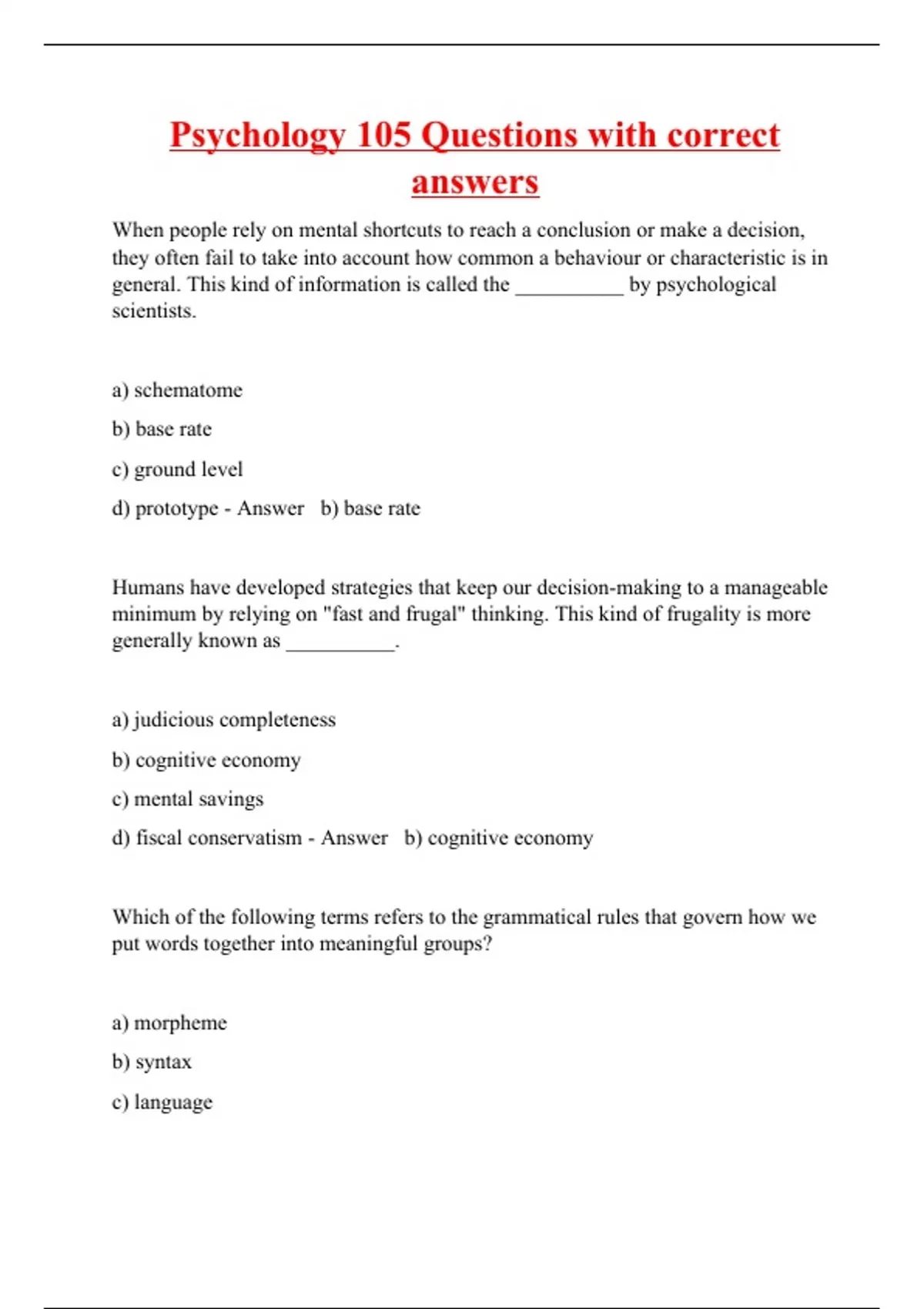 Psychology 105 Questions with correct answers - PSYCHOLOGY - Stuvia US