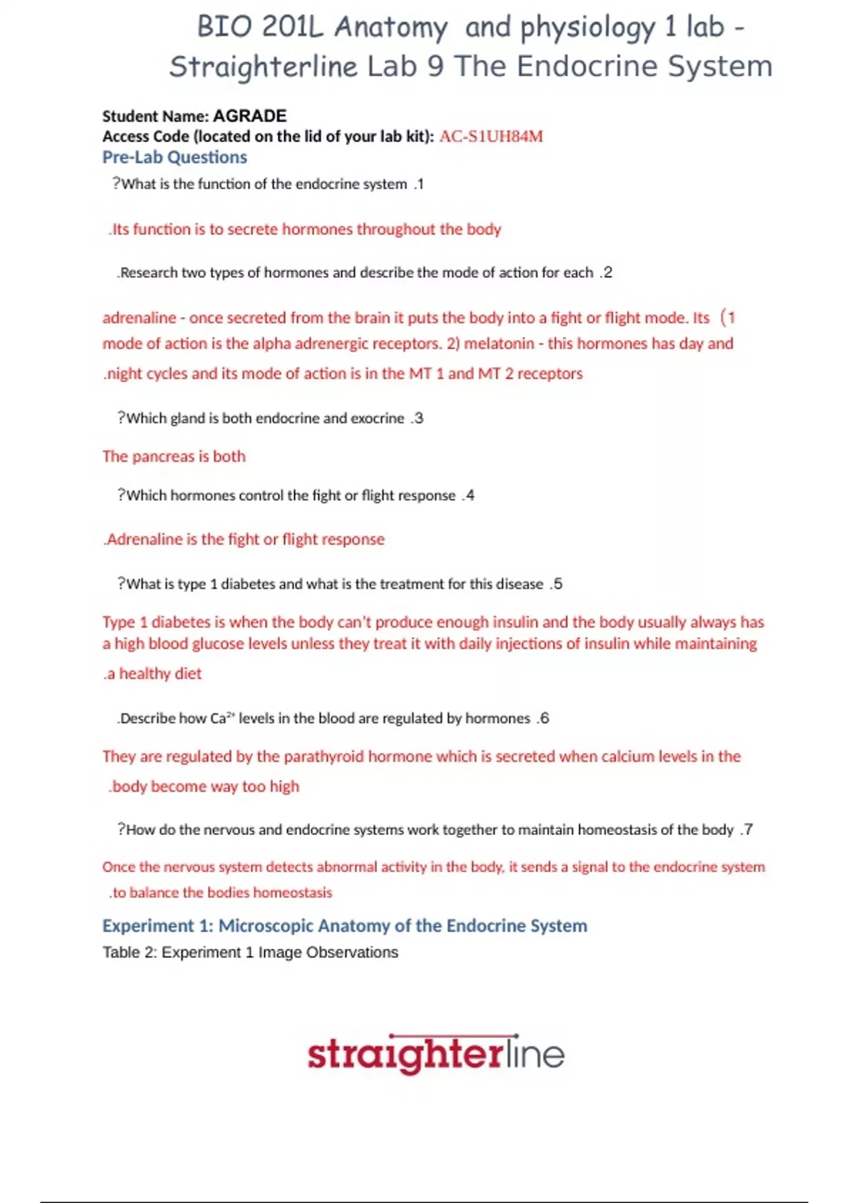 BIO 201L Anatomy and physiology 1 lab - Straighterline Lab 9 The Endocrine System - BIO 201L ...