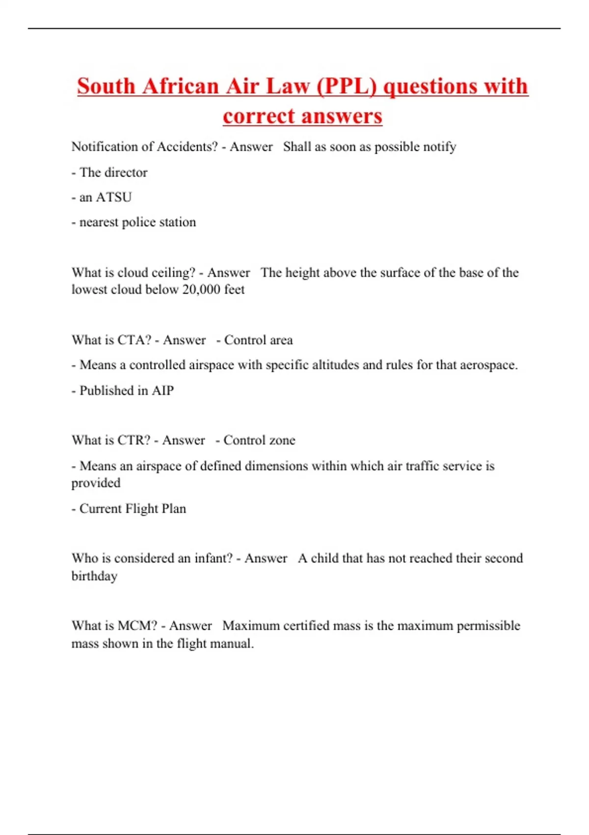 South African Air Law (PPL) questions with correct answers - PPL - Stuvia US