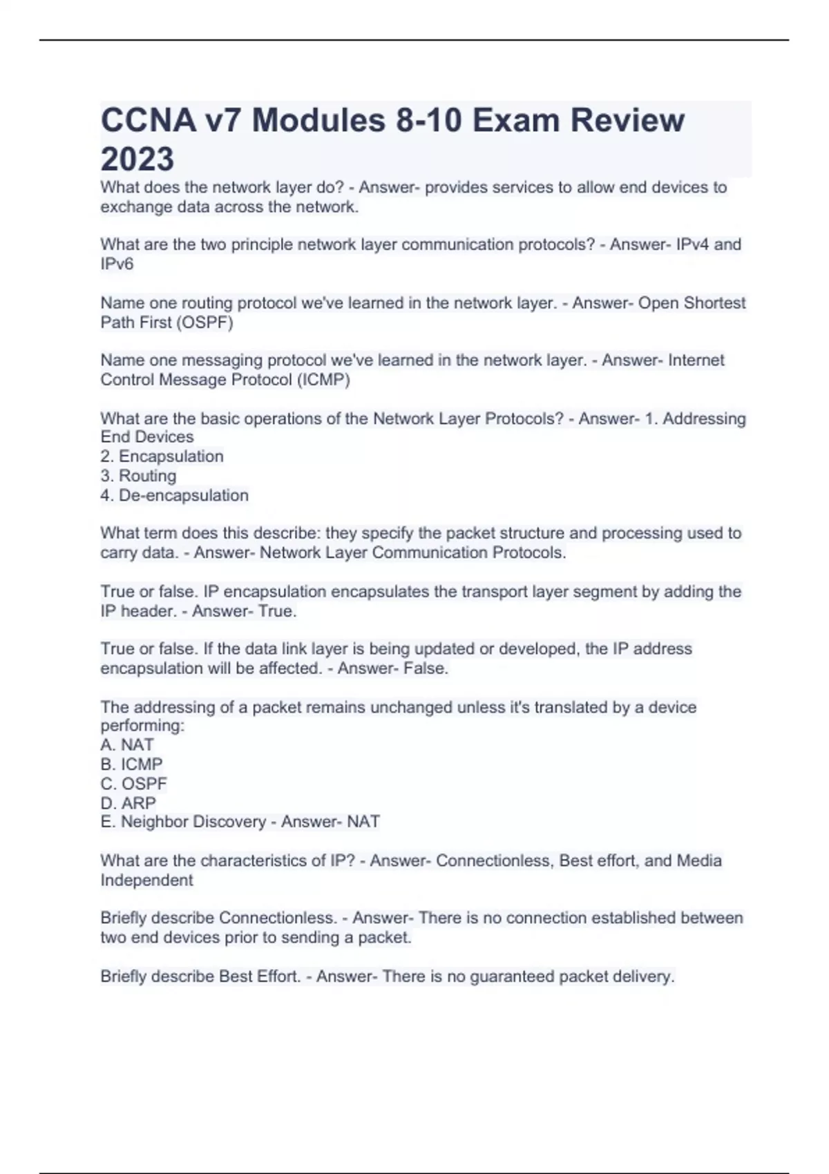 CCNA v7 Modules 8-10 Exam Review 2023 - CCNA v7 - Stuvia US
