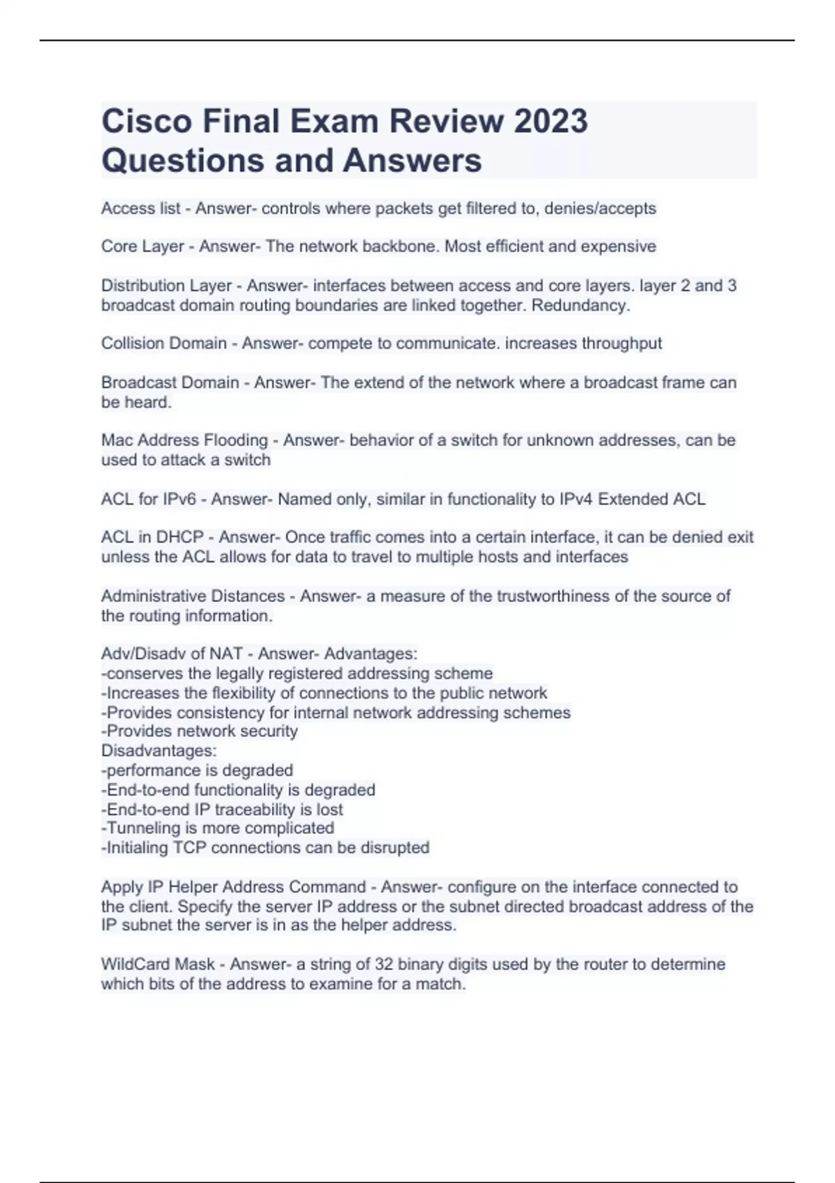 Cisco Final Exam Review 2023 Questions and Answers - Cisco - Stuvia US