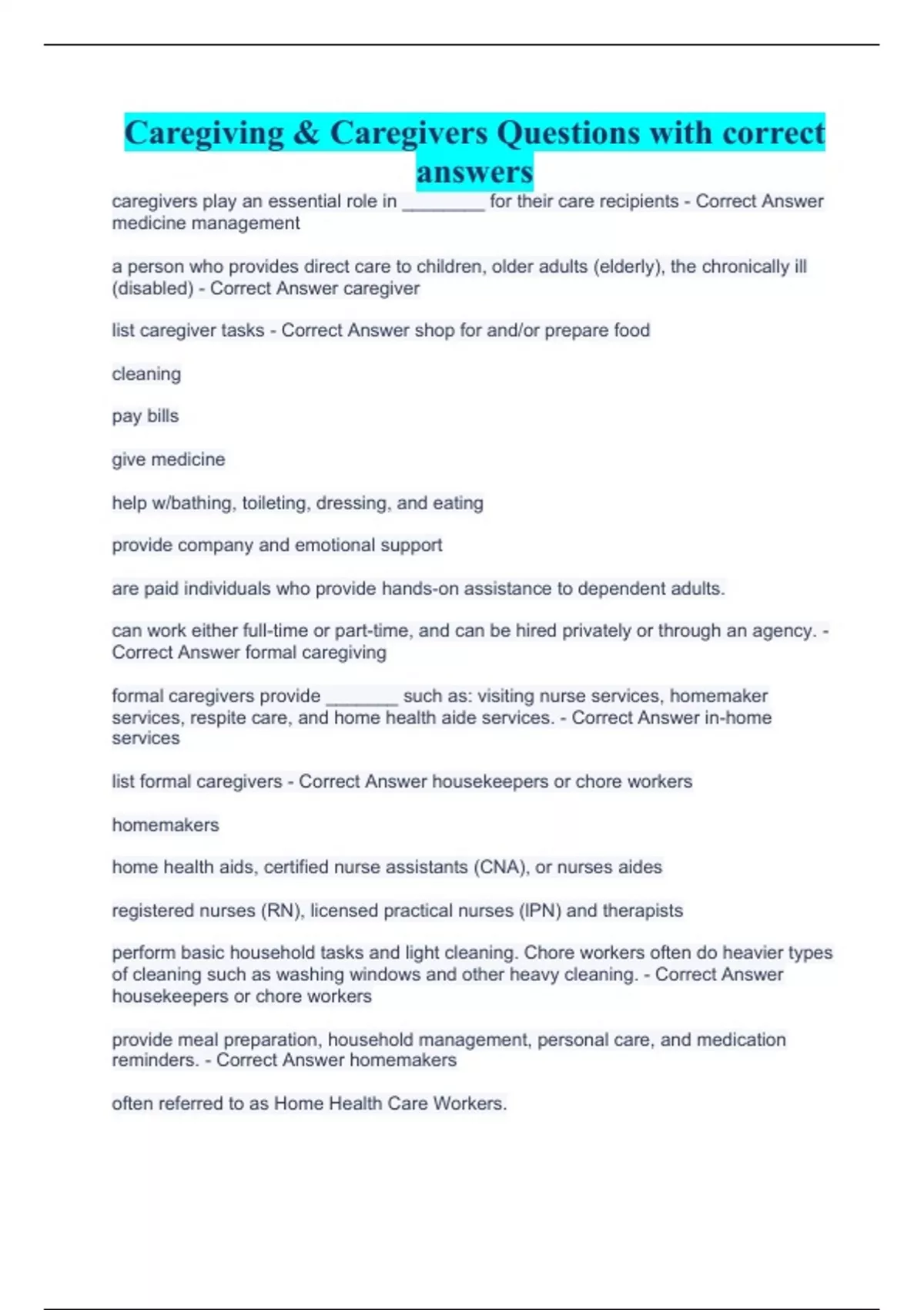 Caregiving & Caregivers Questions with correct answers - Caregiving ...