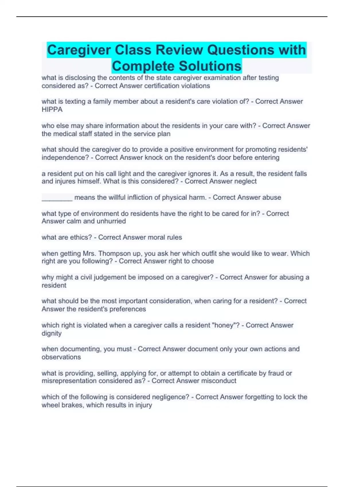 Caregiver Class Review Questions with Complete Solutions - Caregiver ...