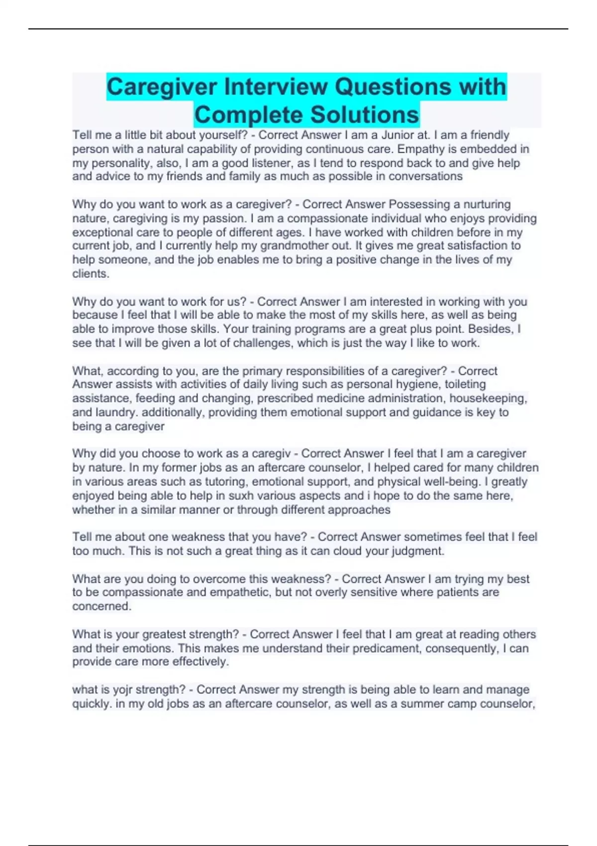 Caregiver Interview Questions with Complete Solutions - Caregiver - Stuvia US