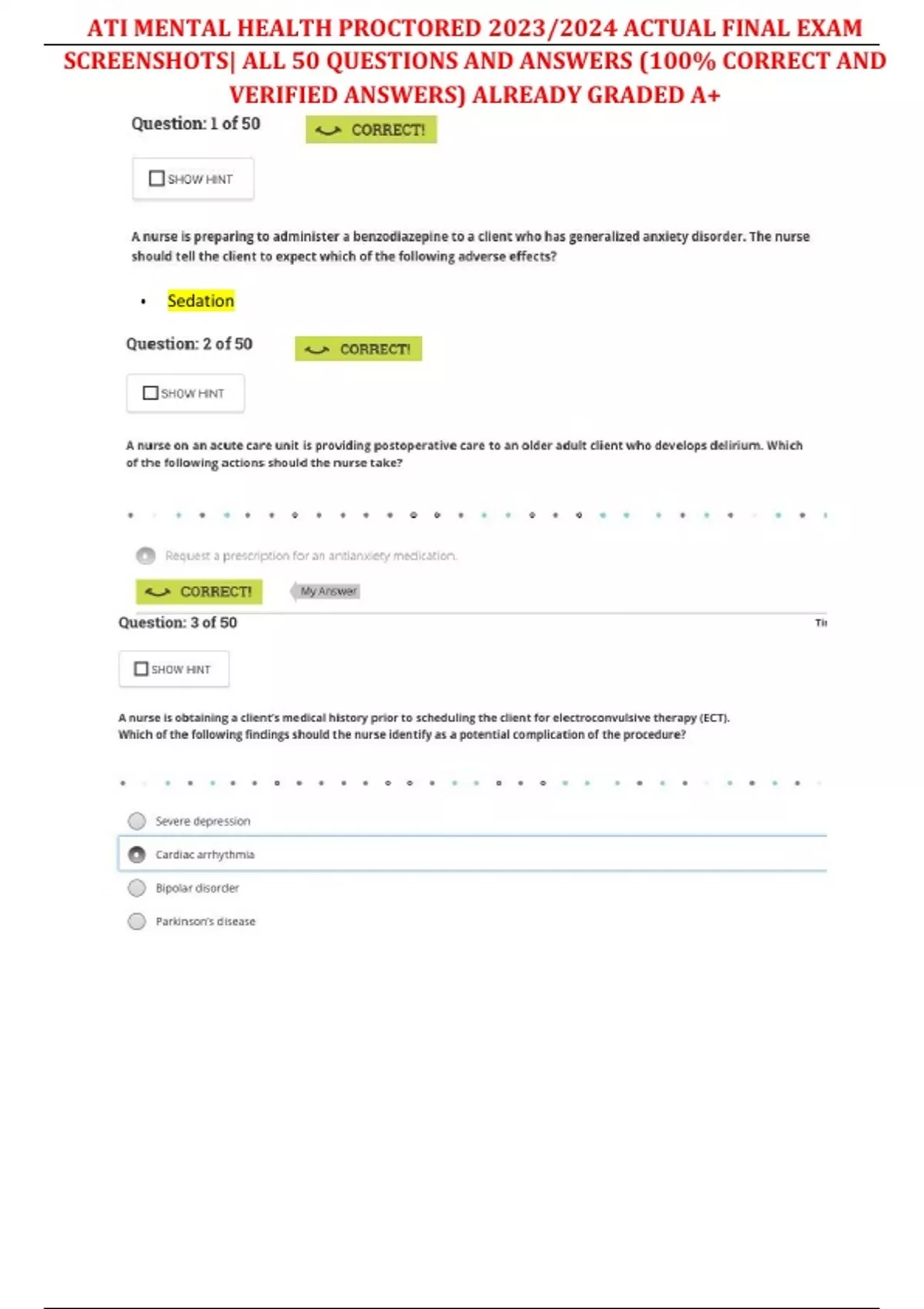 ATI MENTAL HEALTH PROCTORED 2023/2024 ACTUAL FINAL EXAM SCREENSHOTS| ALL 50 QUESTIONS AND ...