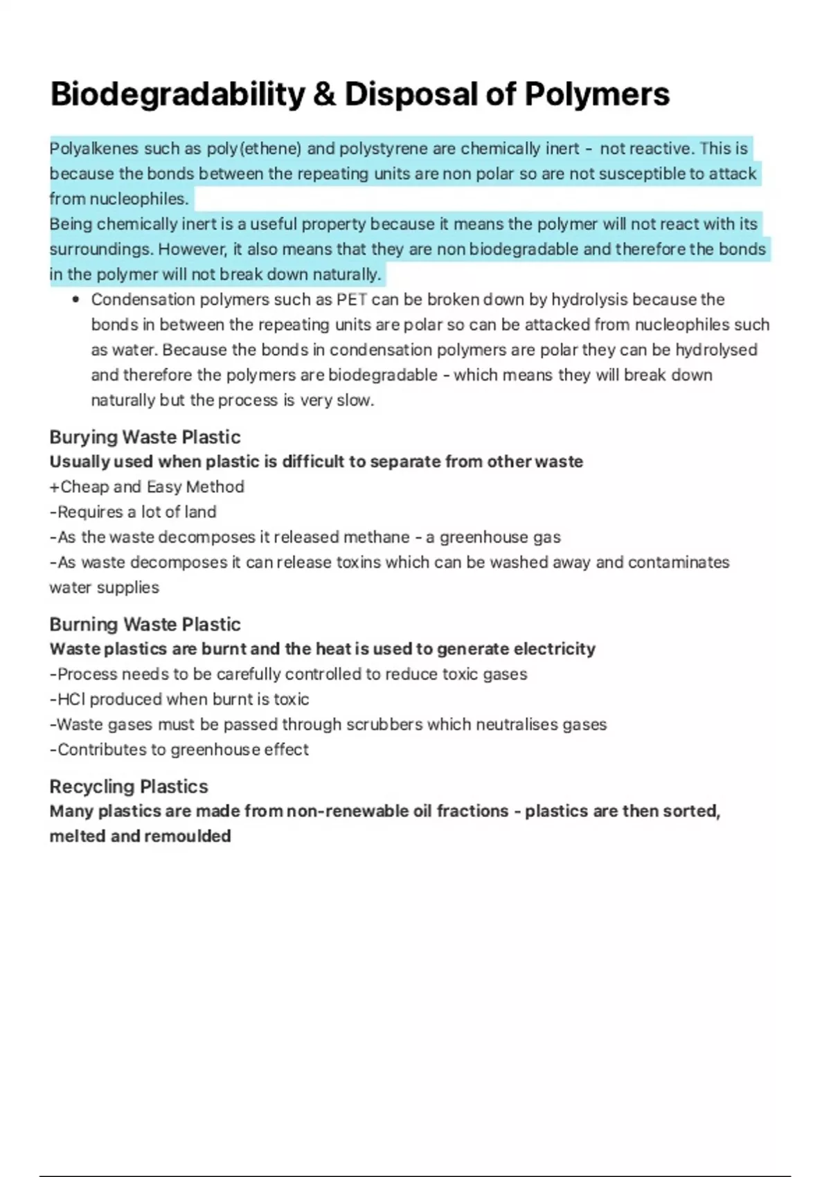 Summary ALEVEL CHEMISTRY - Biodegradability & Disposal of Polymers ...
