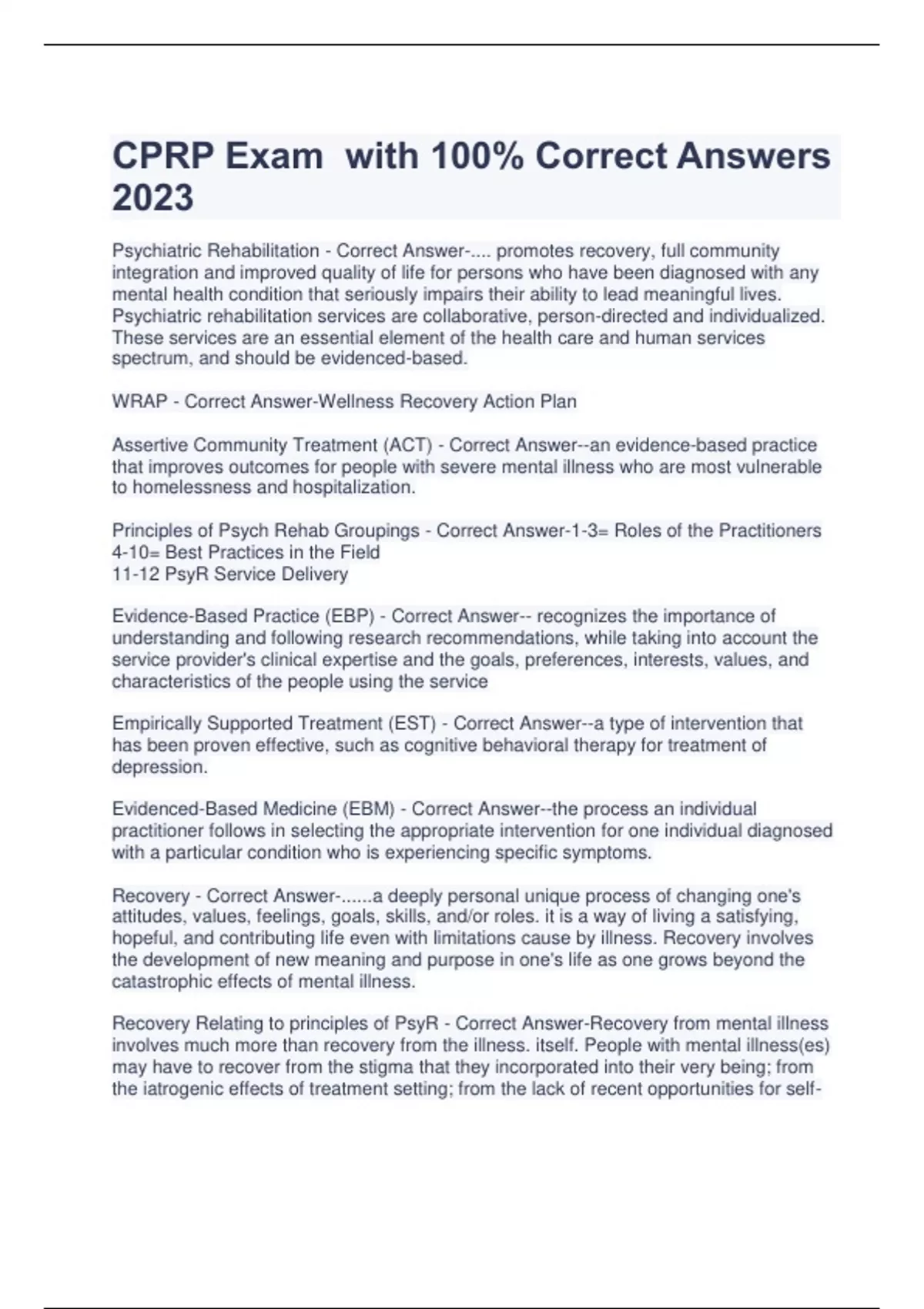 CPRP Exam with 100% Correct Answers 2023 - Certified psychiatric ...