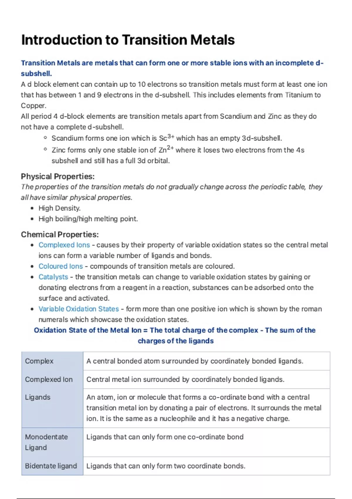 Summary ALEVEL CHEMISTRY TRANSITIONS METALS INTRODUCTION NOTES - Unit 3 ...