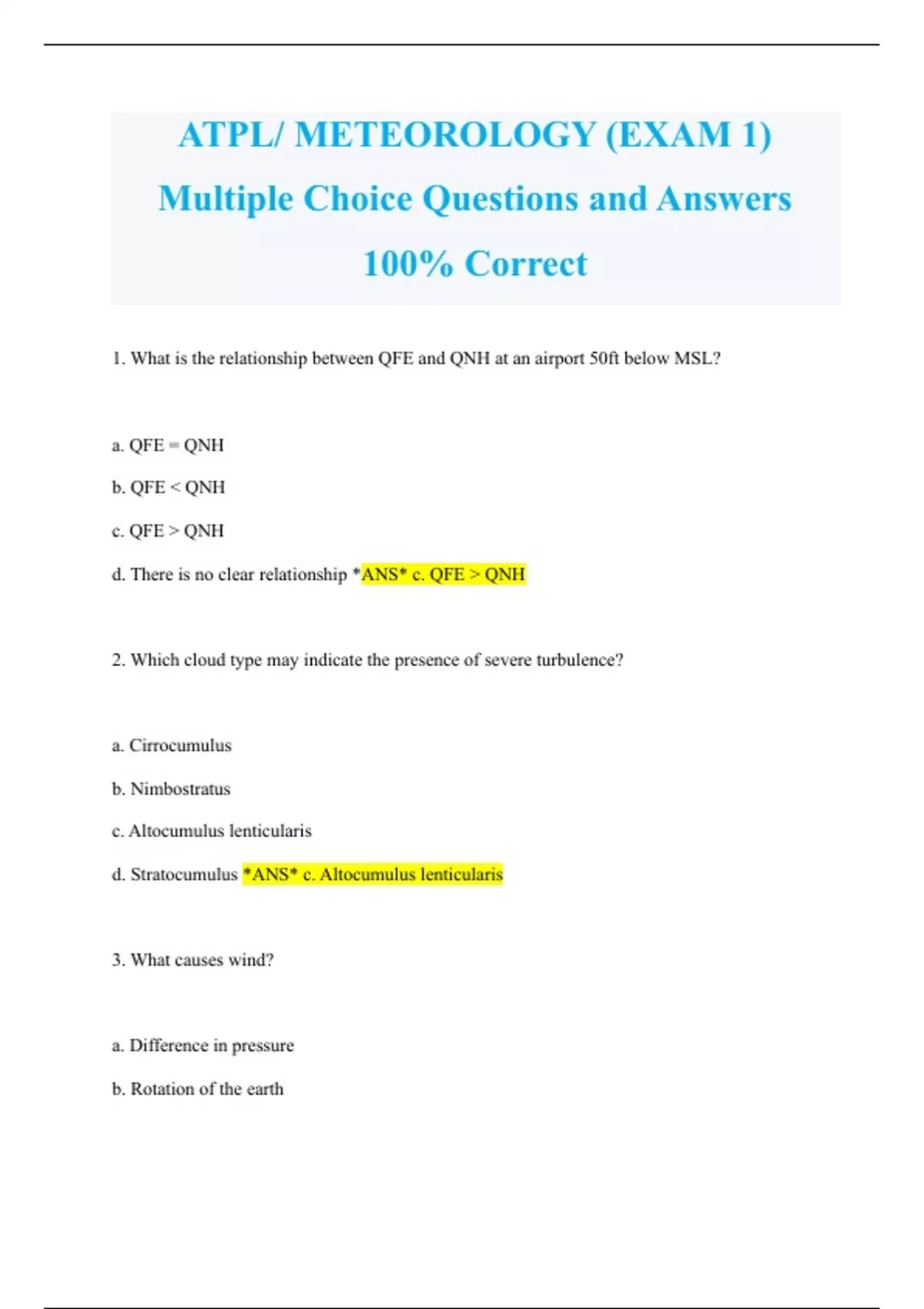ATPL/ METEOROLOGY (EXAM 1) Multiple Choice Questions and Answers 100% ...