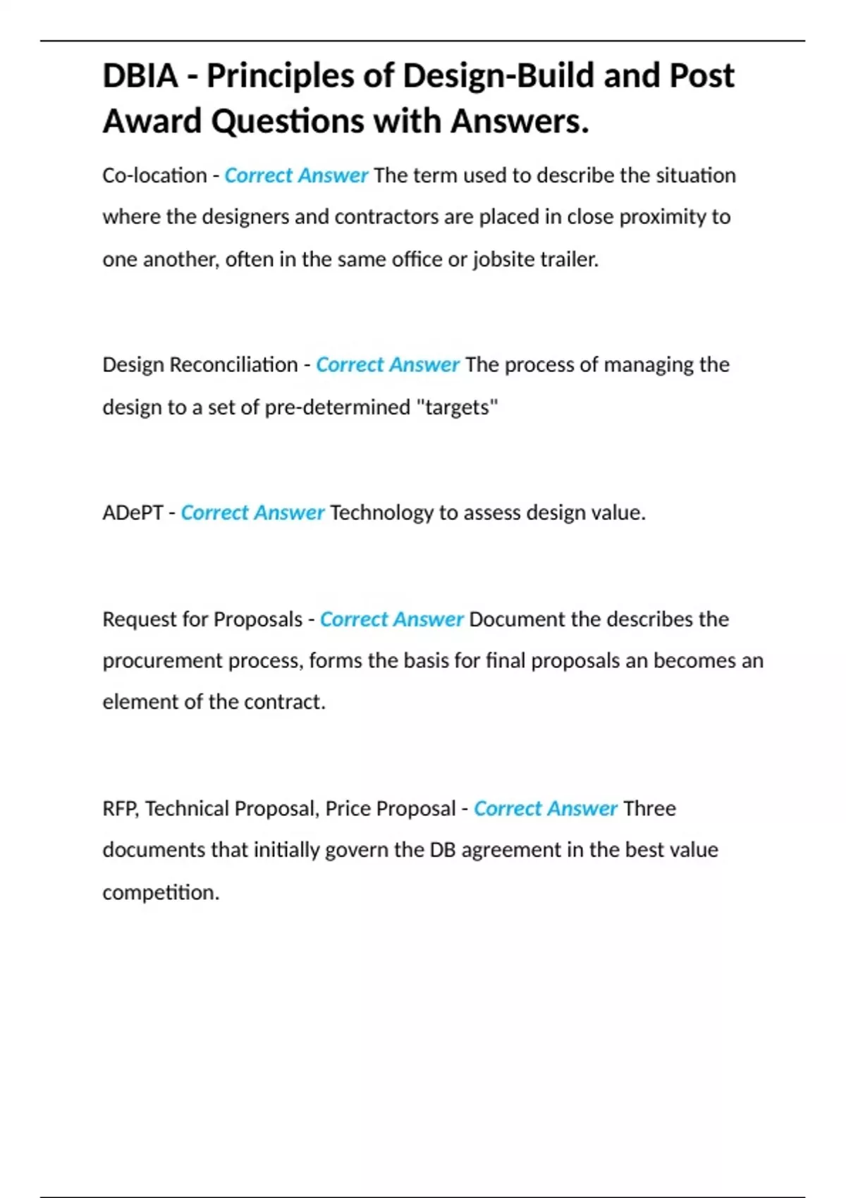 DBIA - Principles of Design-Build and Post Award Questions with Answers ...