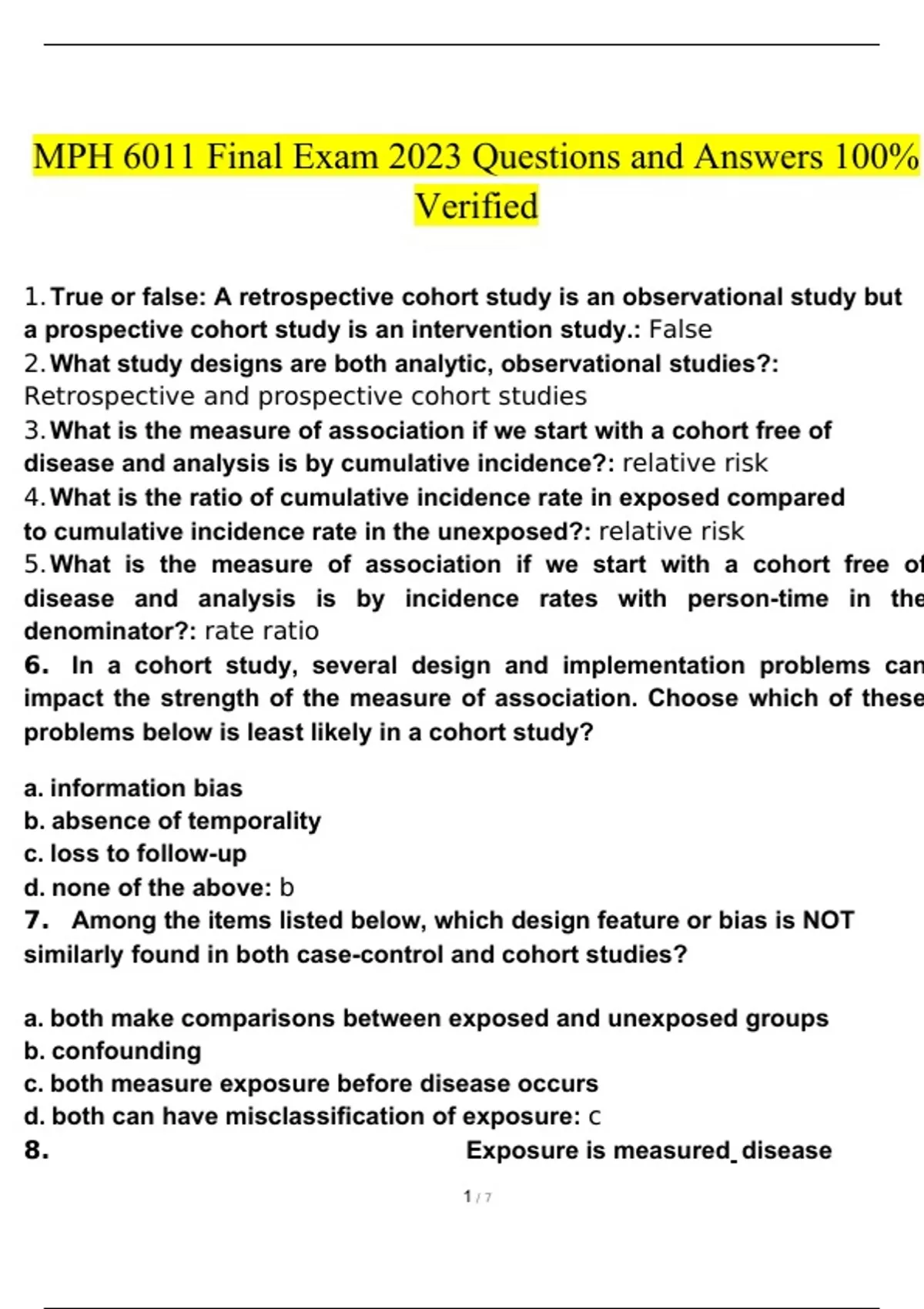MPH 6011 Final Exam 2023 Questions and Answers 100% Verified - MPH ...