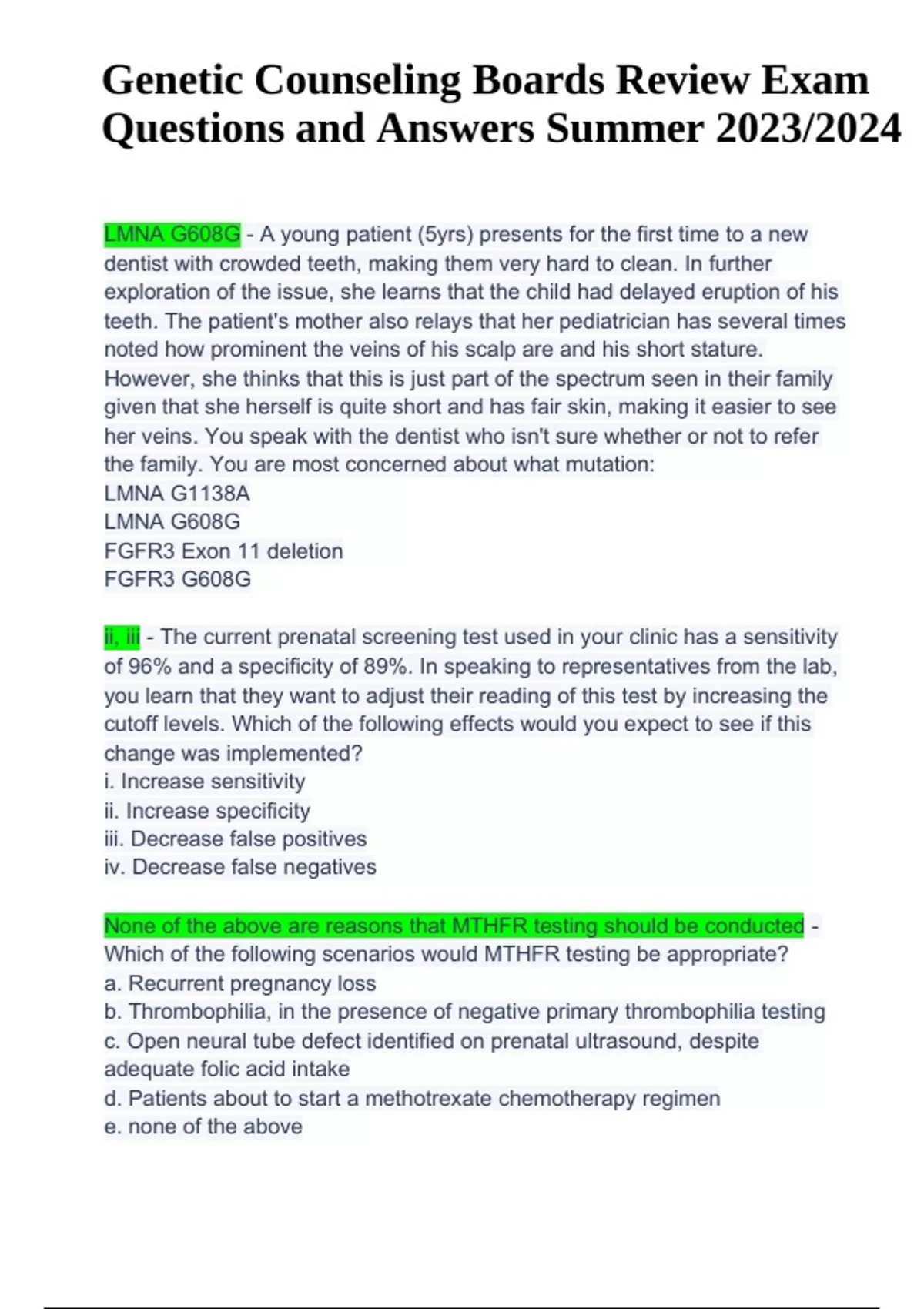 Genetic Counseling Boards Review Exam Questions and Answers Summer 2023 ...