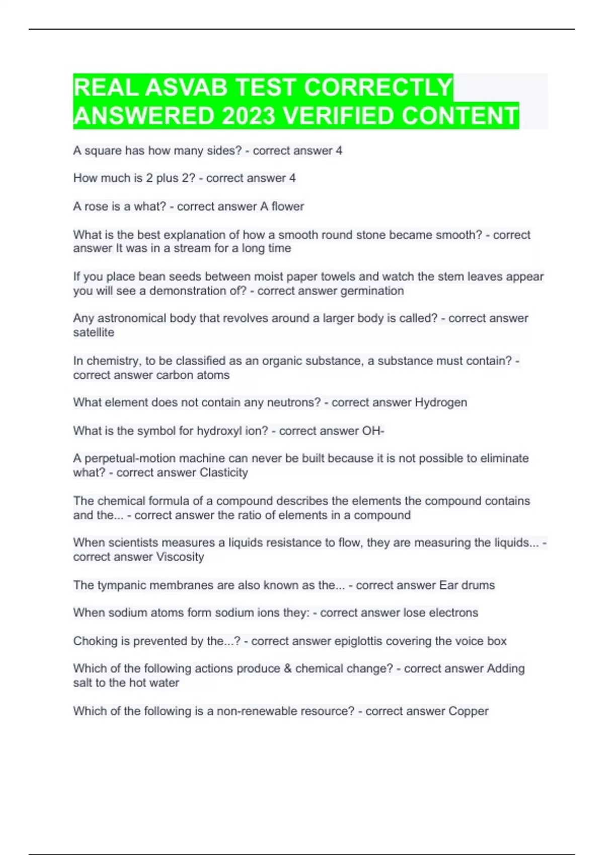 REAL ASVAB TEST CORRECTLY ANSWERED 2023 VERIFIED CONTENT. - REAL ASVAB ...