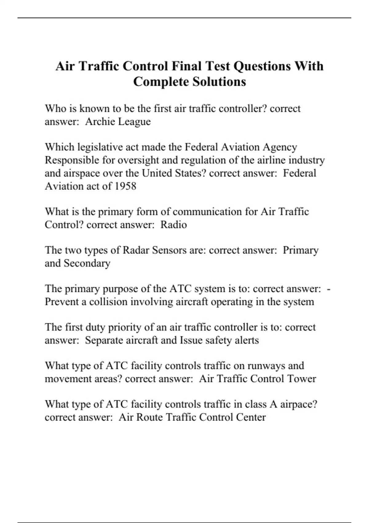 Air Traffic Control Final Test Questions With Complete Solutions - ATC ...