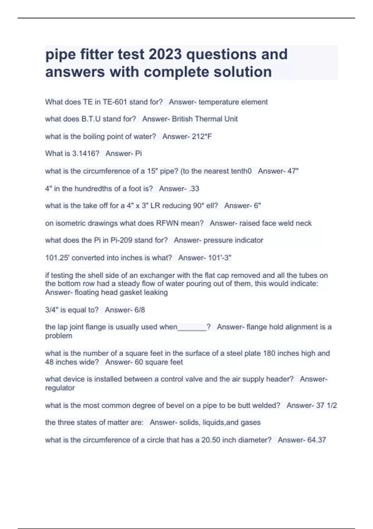 pipe fitter test 2023 questions and answers with complete solution ...