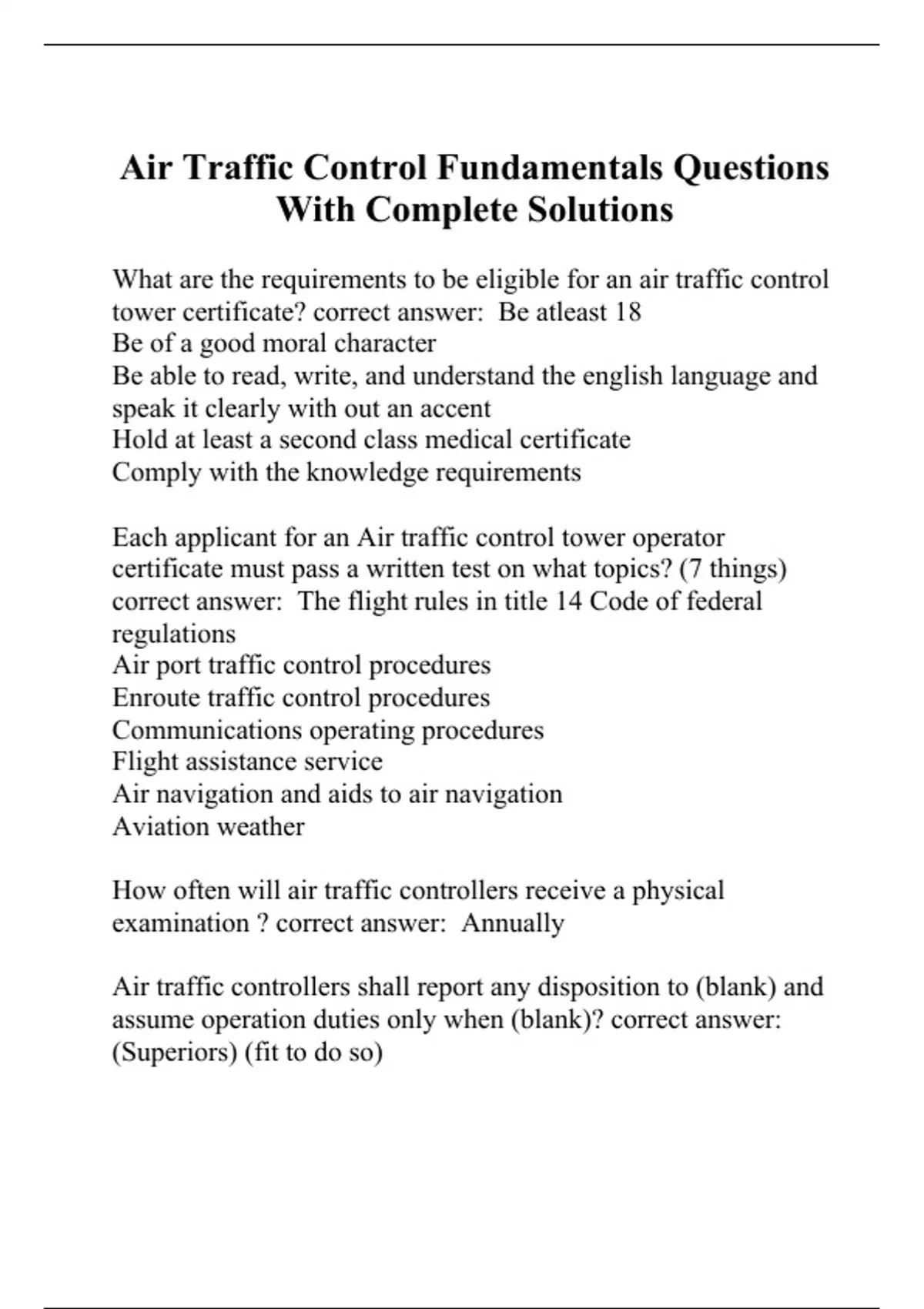 Air Traffic Control Fundamentals Questions With Complete Solutions ...
