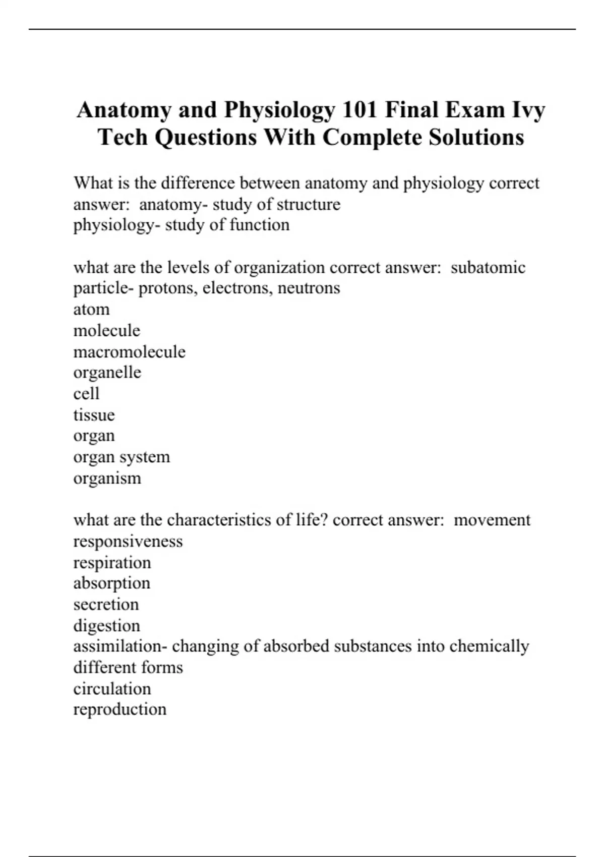 Anatomy and Physiology 101 Final Exam Ivy Tech Questions With Complete ...
