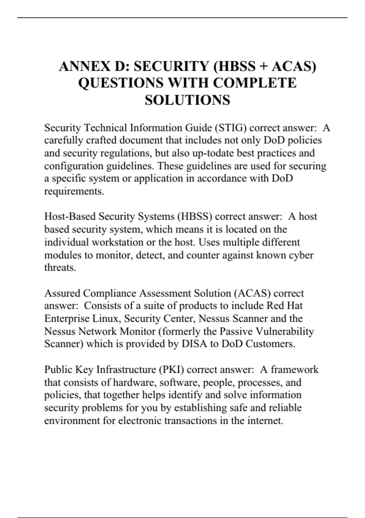 ANNEX D: SECURITY (HBSS + ACAS) QUESTIONS WITH COMPLETE SOLUTIONS - ACAS - Stuvia US